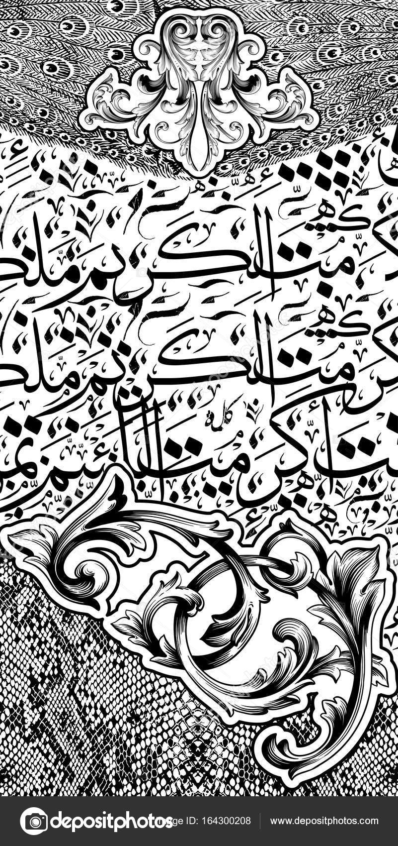Wing Baroque Snake Pattern Peacock Feathers and Arabic Letters Pattern ...
