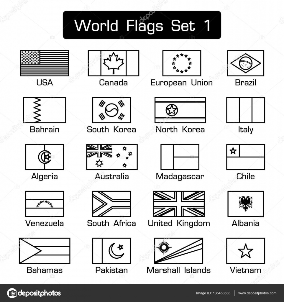 Bendera dunia set 1. gaya sederhana dan desain datar. Garis besar tebal ...
