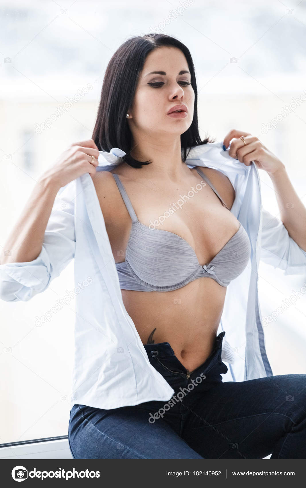 Studio Shot Beautiful Brunette Woman Wearing Dark Jeans White Shirt Stock Photo by ©schummyone ...