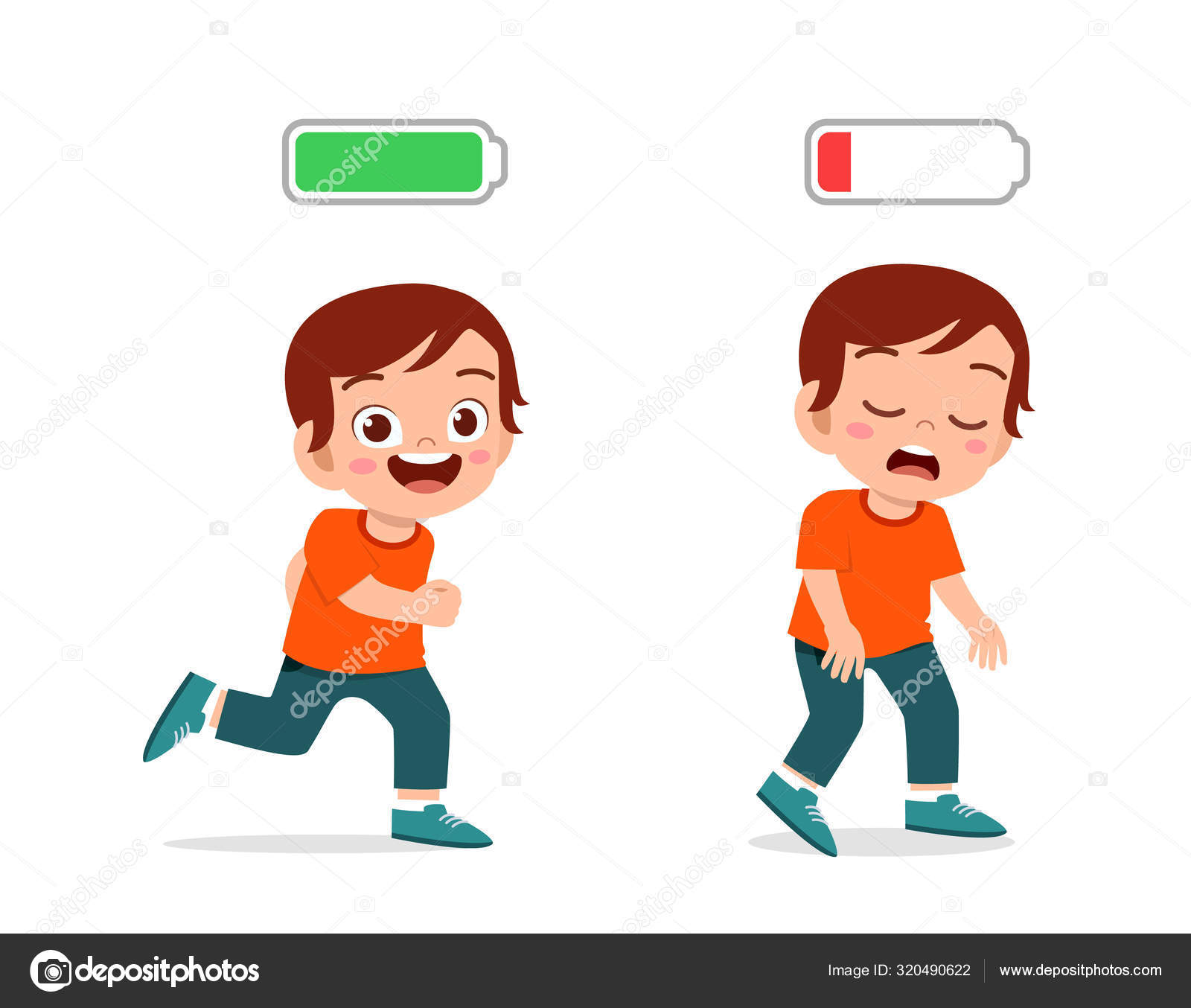 Lindo niño energía completa y baja batería Vector de stock #320490622 ...