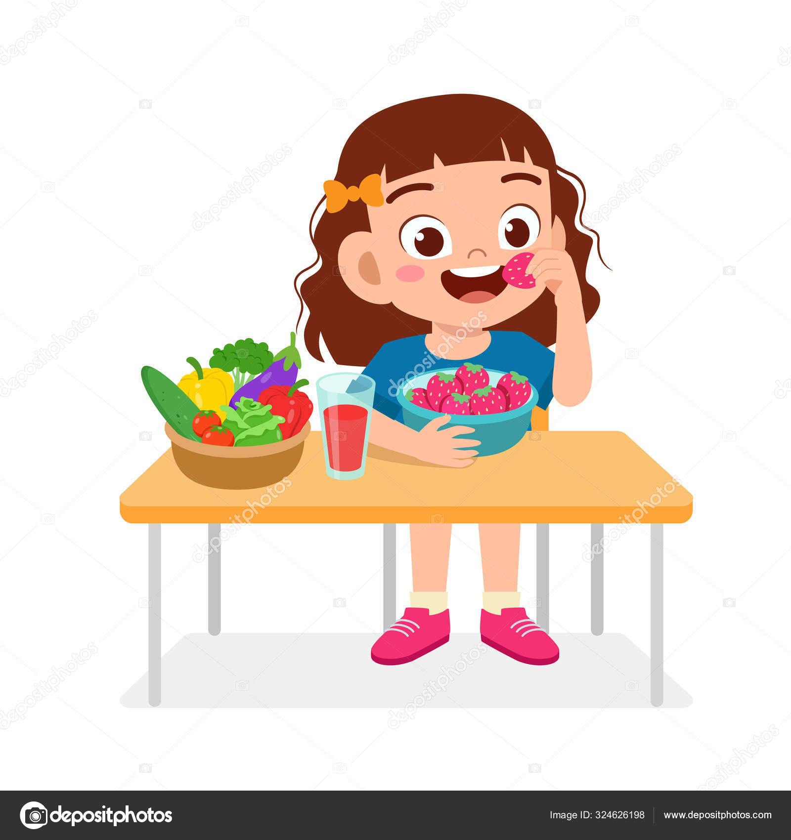 Niña linda feliz comer comida saludable Vector de stock #324626198 de ©colorfuelstudio