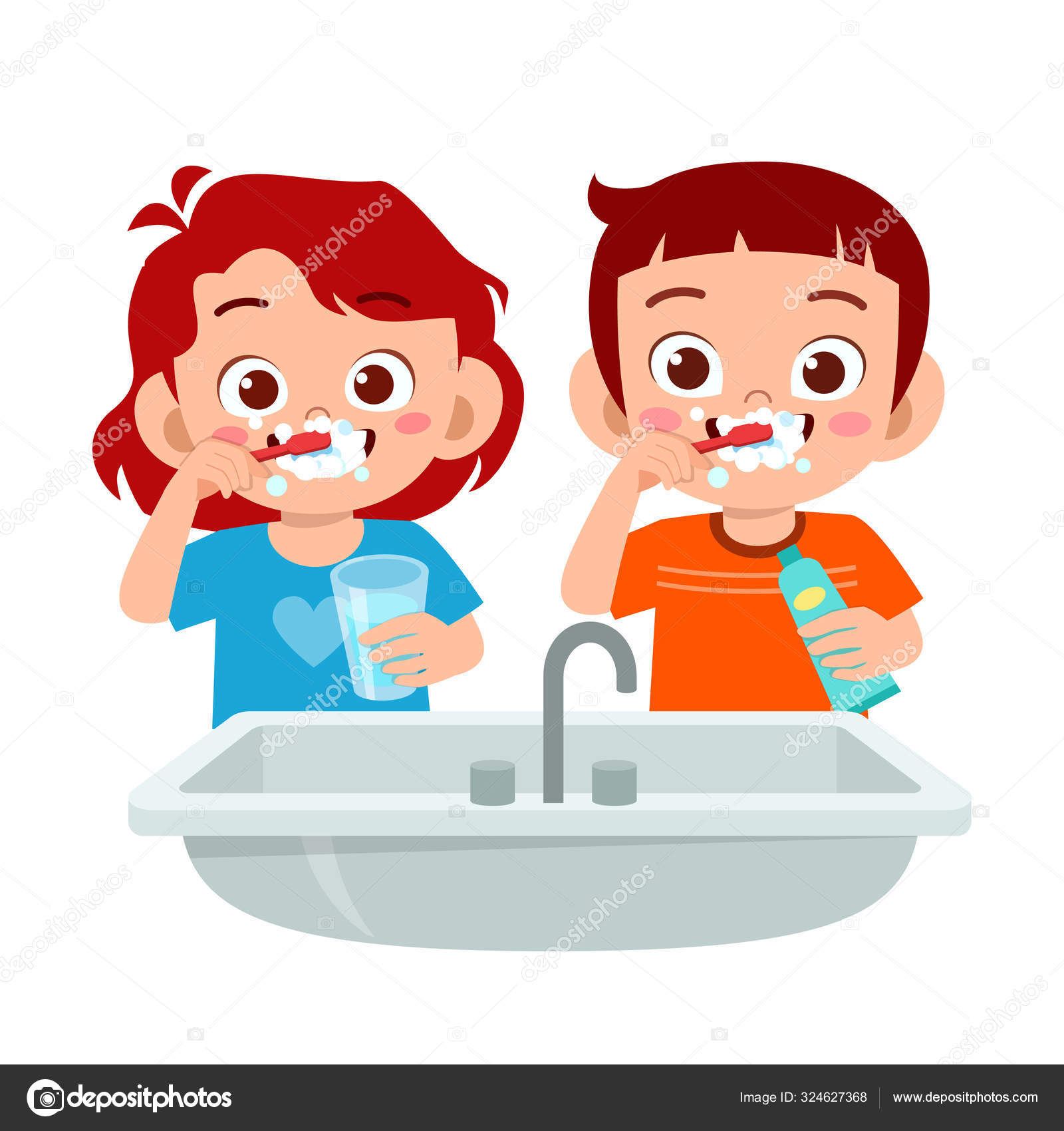Happy cute kid boy and girl brush clean teeth Stock Vector Image by ...