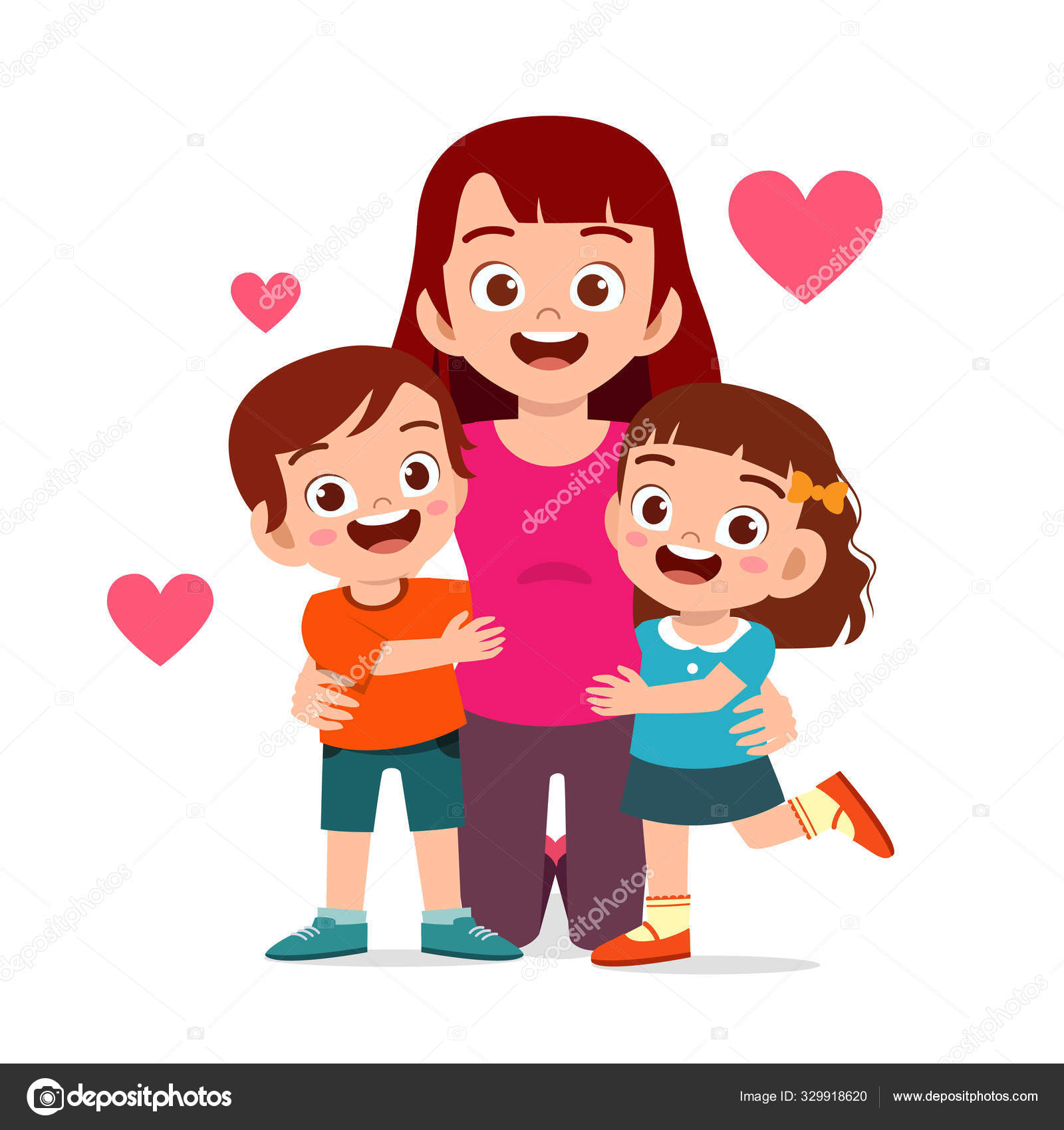 Feliz lindo niños chico y chica abrazo mamá Vector de stock #329918620 ...