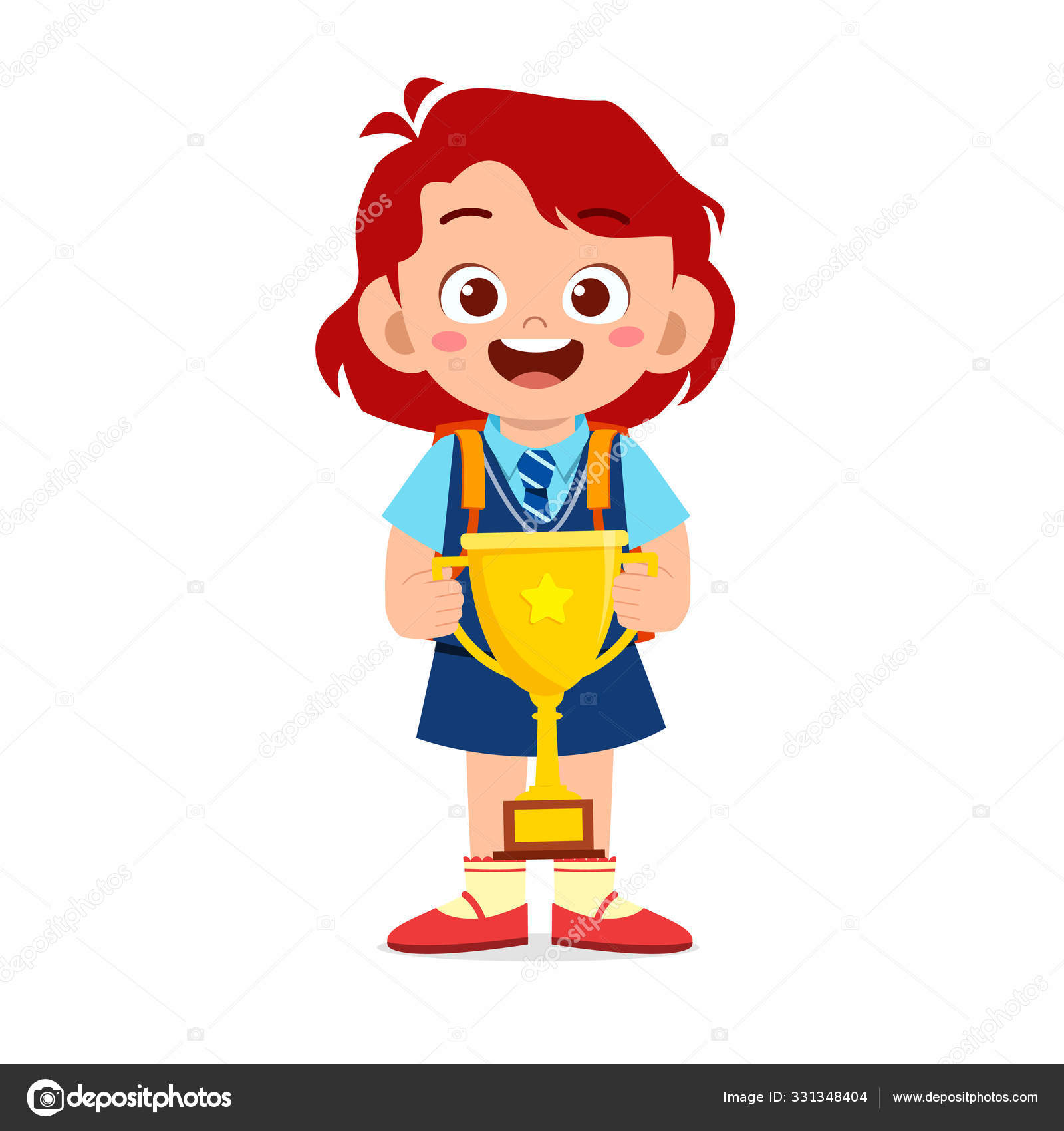 Image vectorielle Heureux mignon petit enfant fille tenant trophée par ...