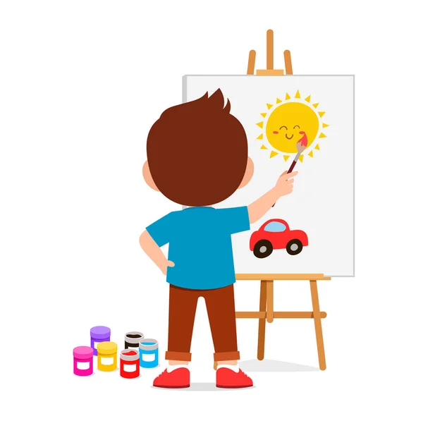 Happy cute little kid boy paint on canvas Stock Illustration by ...