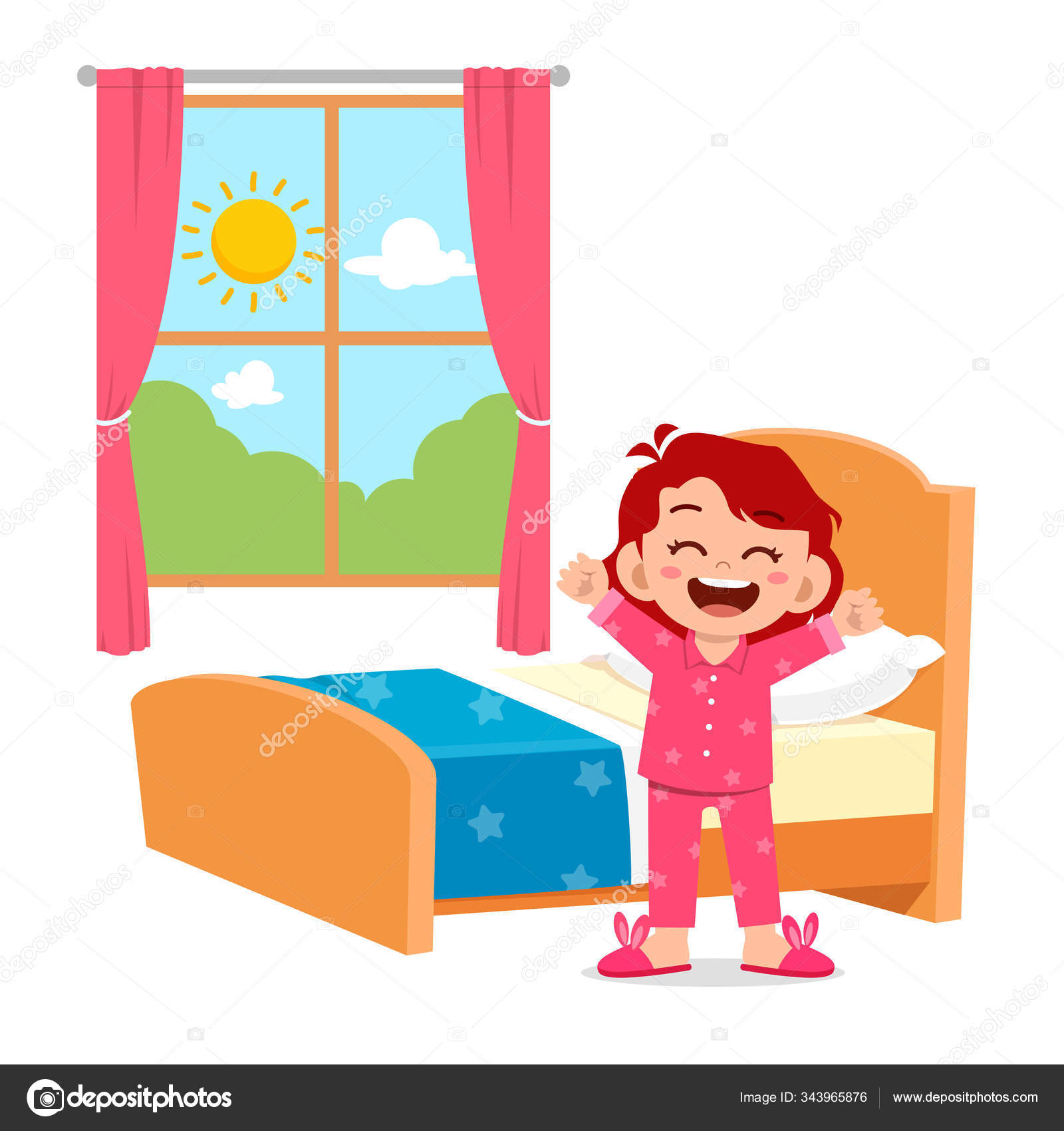 Happy cute little kid girl wake up in the morning Stock Vector by ...