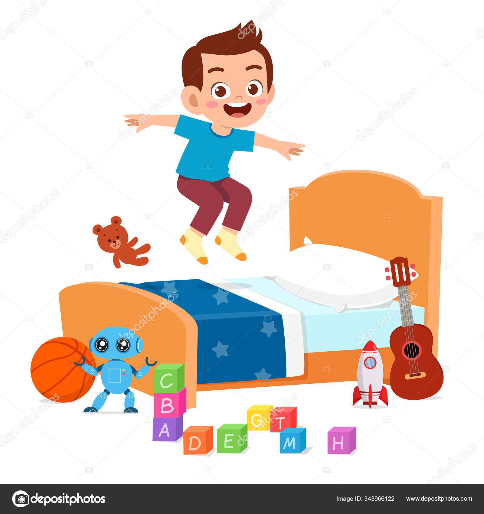 Happy cute little kid boy jump on bed Stock Vector Image by ...