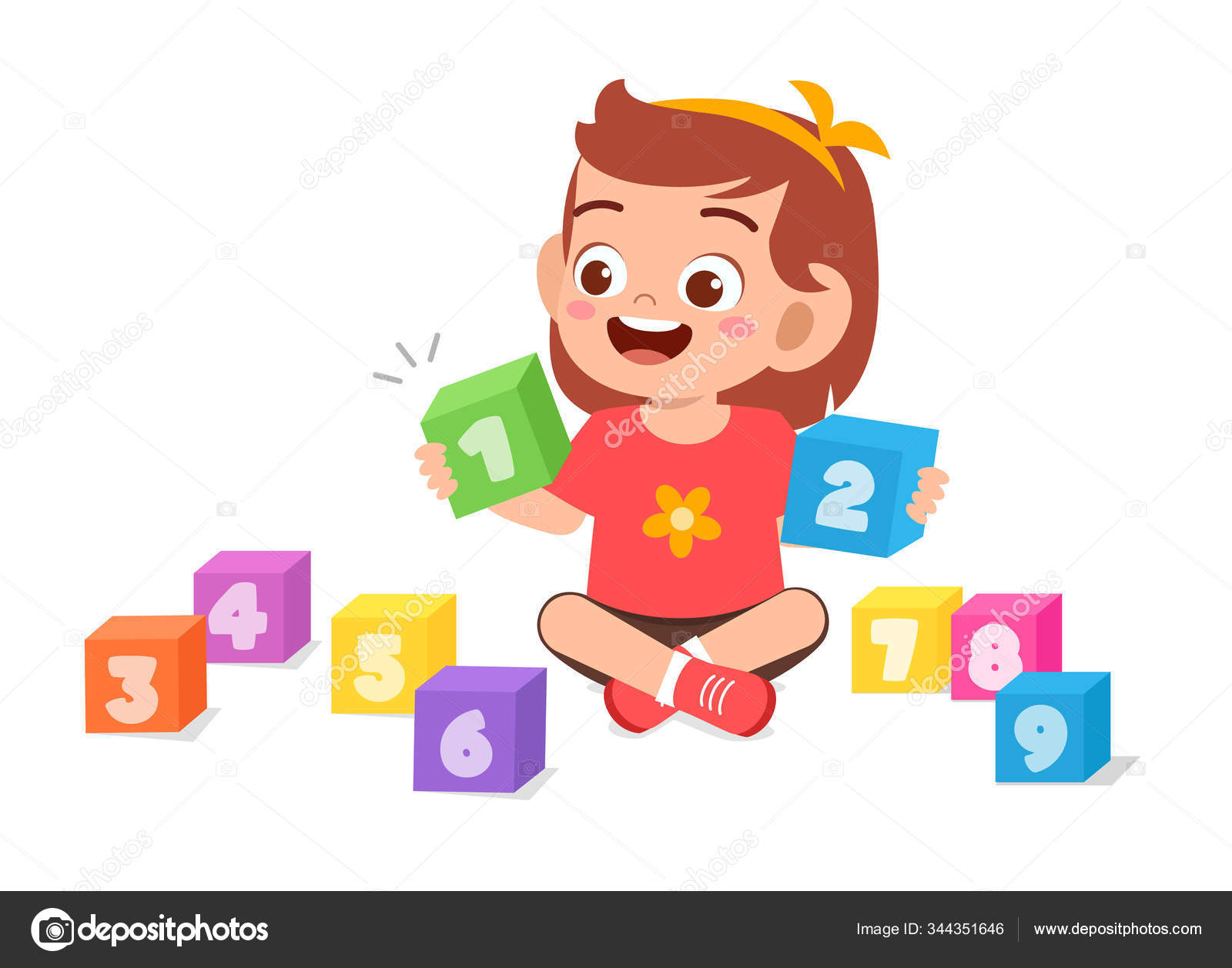 Happy cute little kid girl play with block number Stock Vector Image by ...