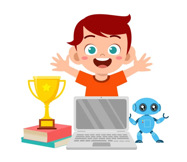 Cute Little Kid Use Computer Study Internet Stock Illustration by ...