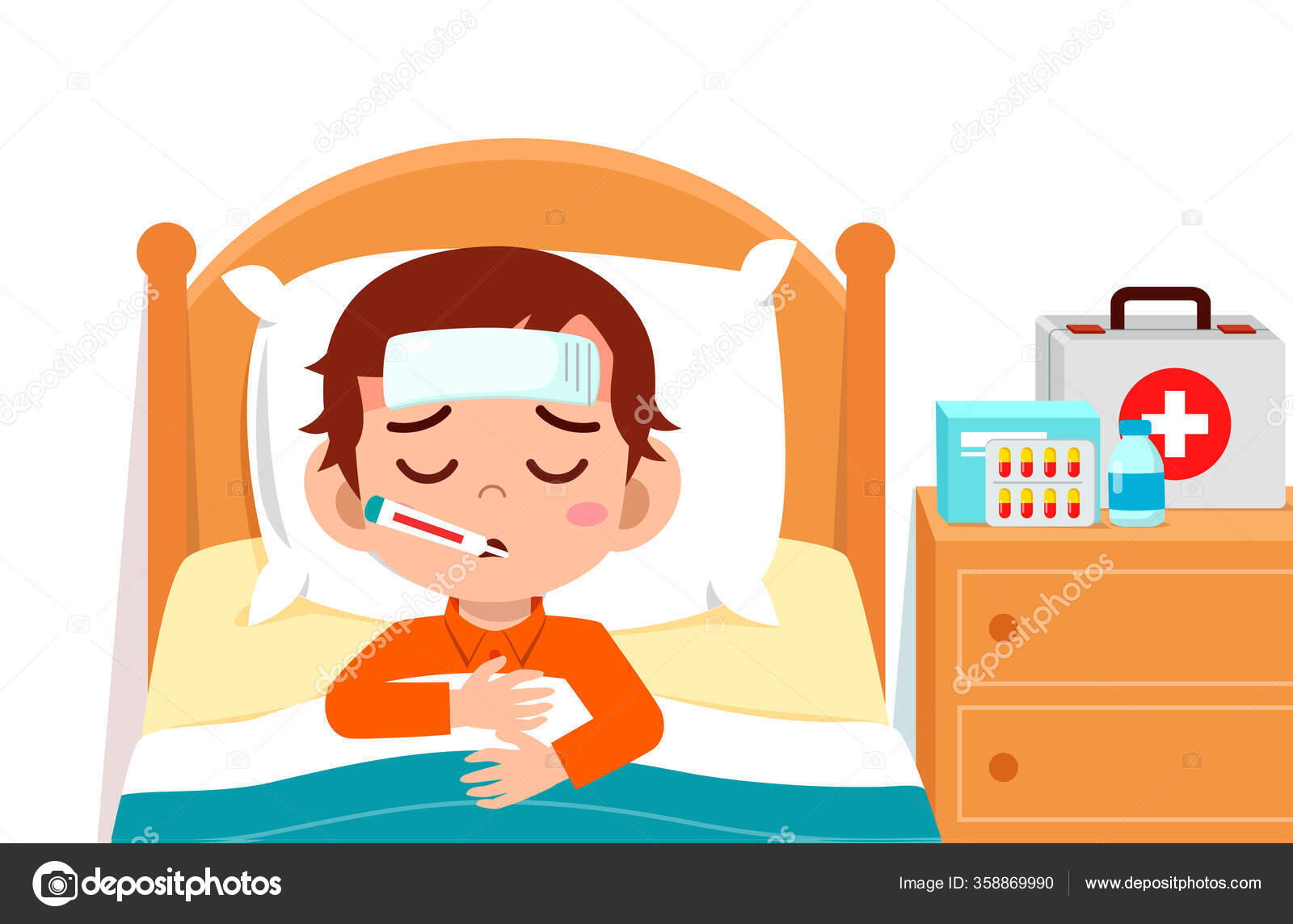 Triste Bonito Garoto Menino Deitado Cama Doente Vetor de stock de ...