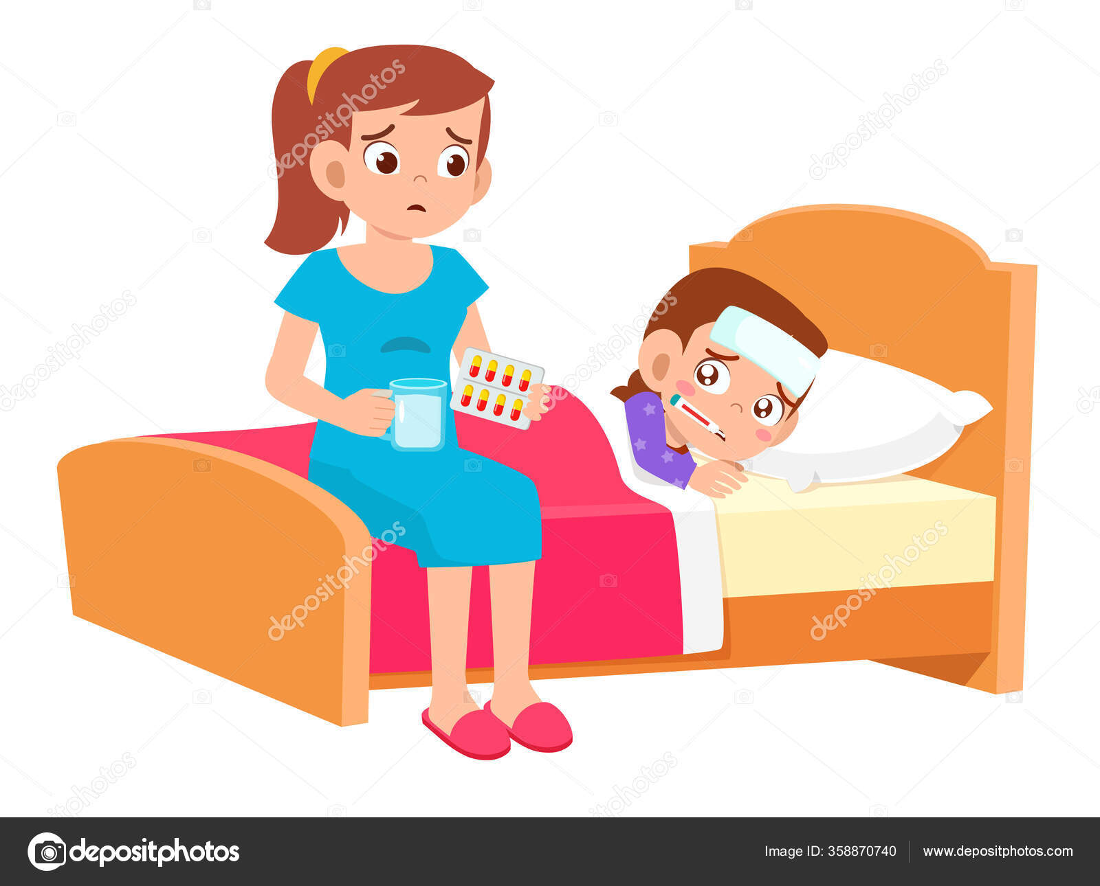 Sad Cute Kid Boy Lay Bed Sick Mom Worried Stock Vector by ...