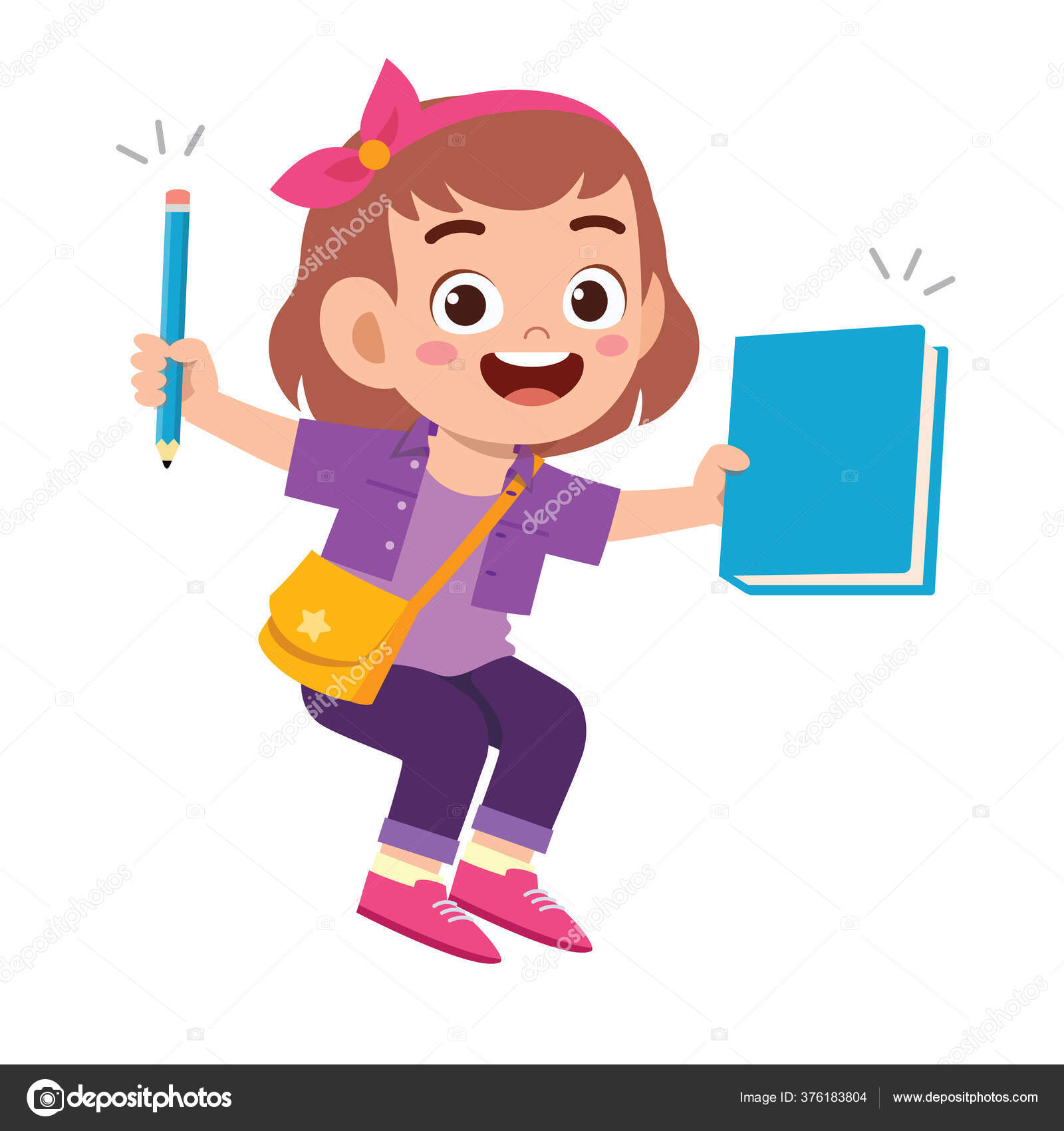 Happy Cute Student Kid Girl Book Pencil Stock Vector Image by ...