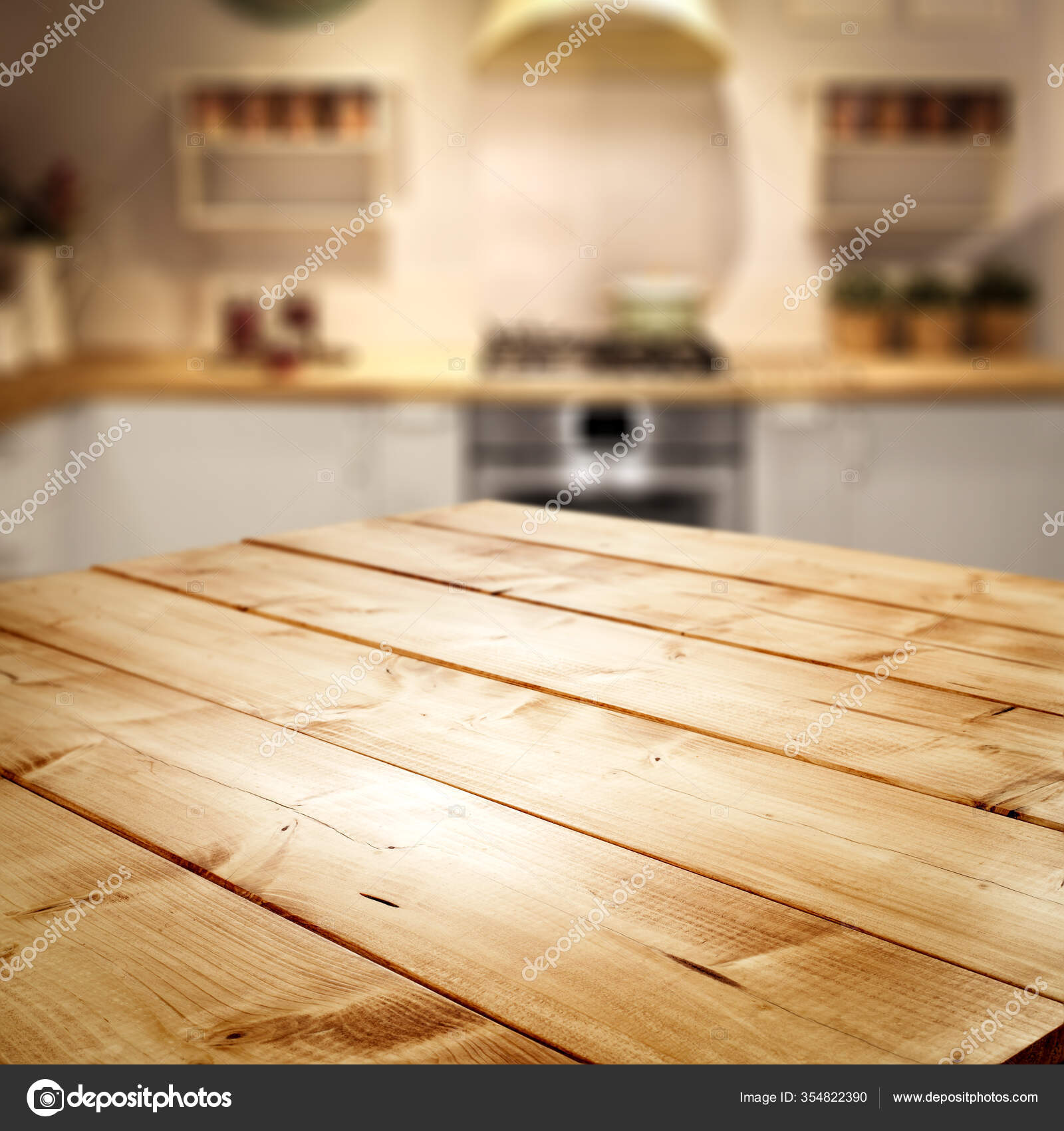 Wooden Table Top Kitchen Background Nice Kitchen Interior Stock Photo ...