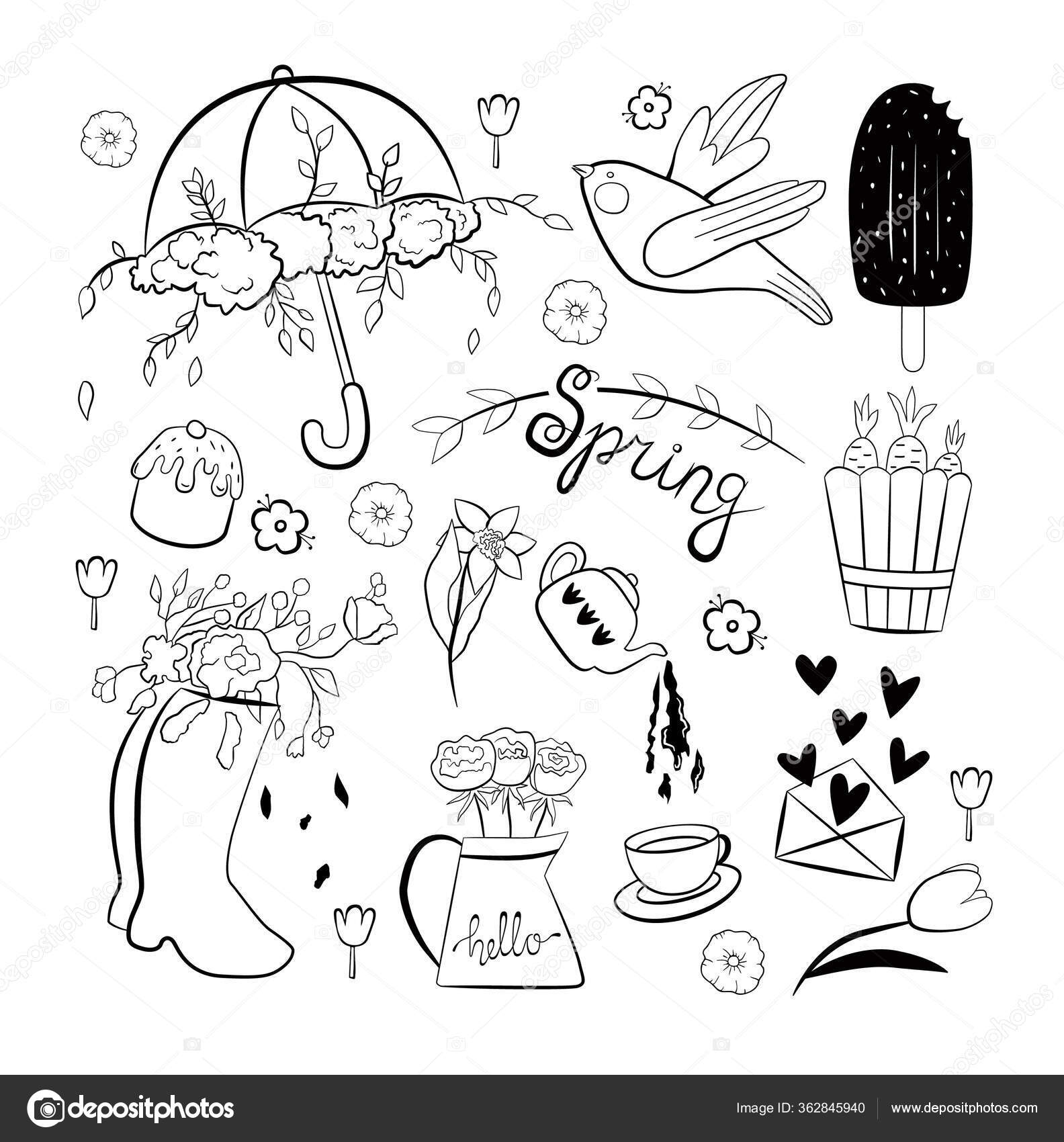 Gambar tangan set sketsa musim semi. Versi hitam dan putih. Vektor Stok ...