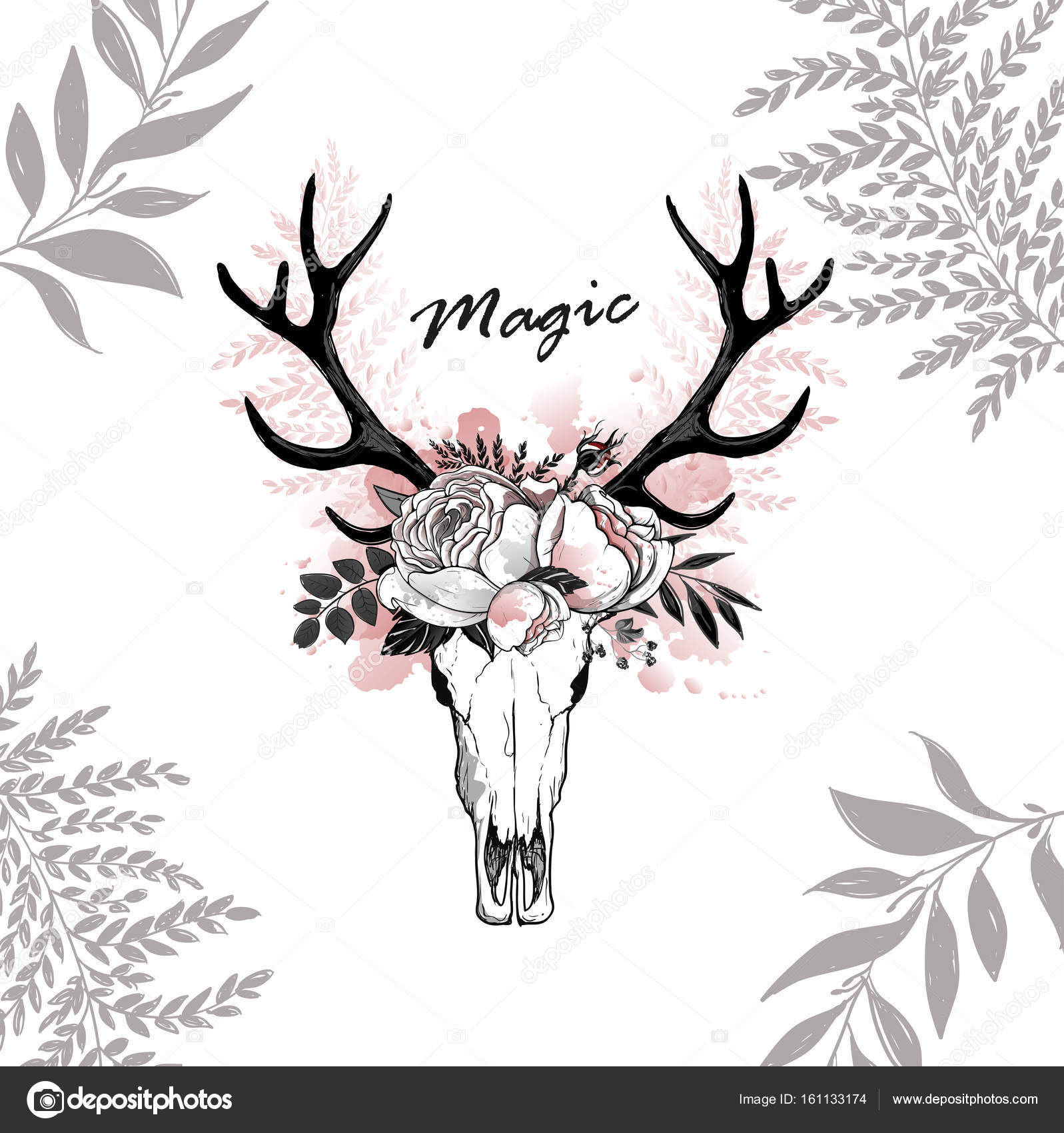 Beautiful Vector Horns Flowers Hand Drawn Boho Chic Style Design Stock ...