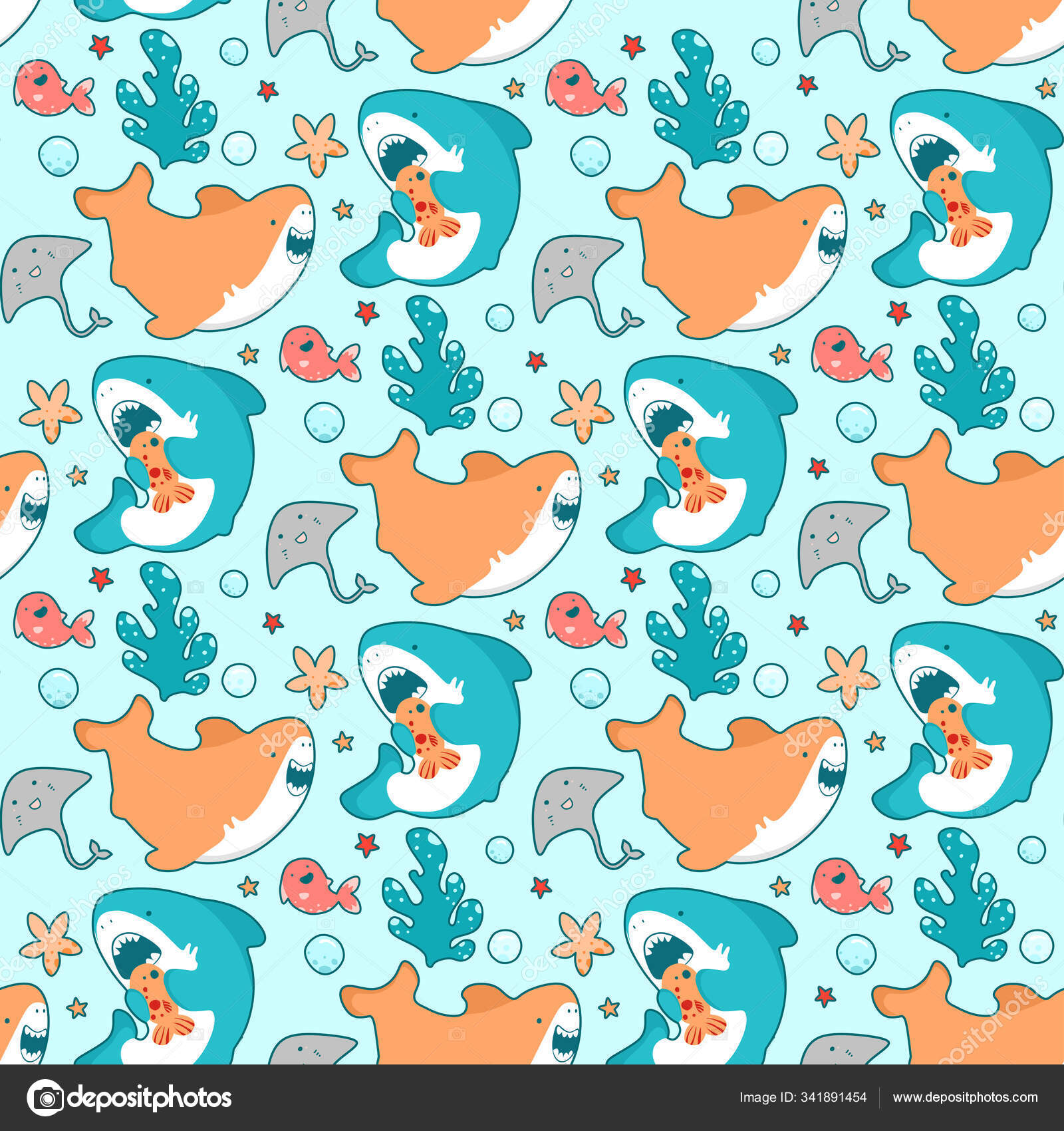 Cute marine seamless pattern with kawaii sharks, animals and algae ...