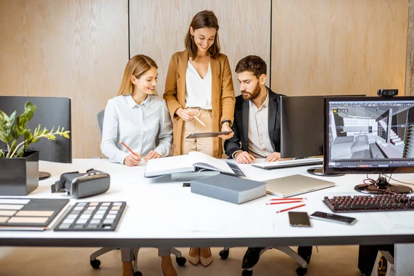 Portrait Group Creative Workers Discussing New Idea Workplace Office ...