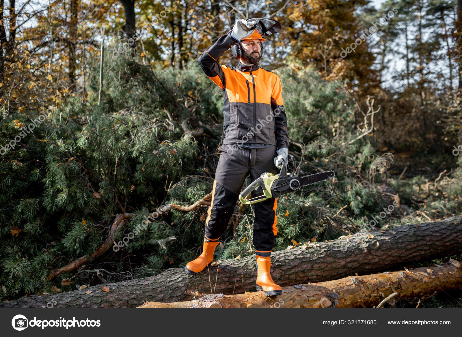 Professional lumberjack with chainsaw in the forest Stock Photo by ...