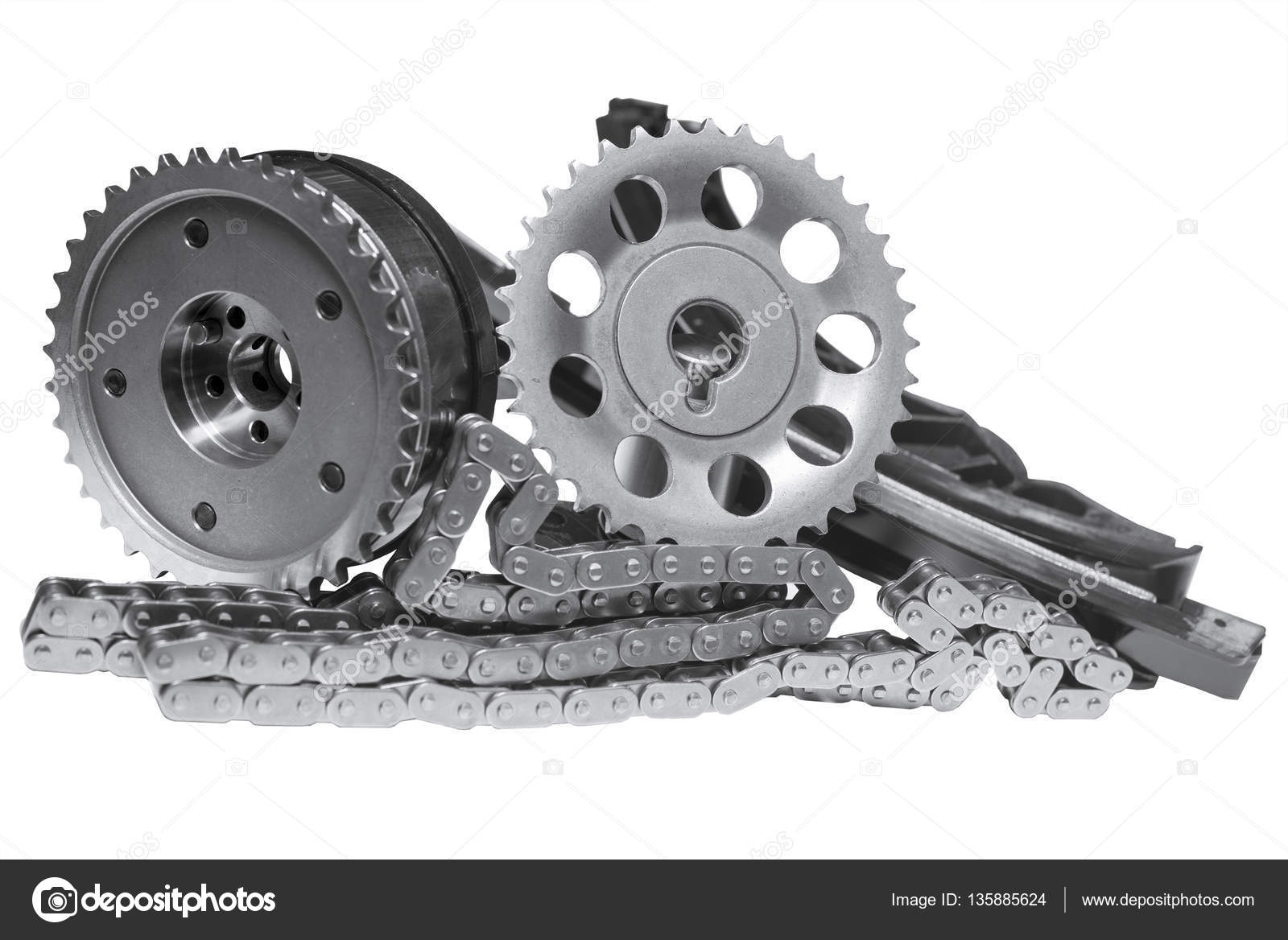 Timing mechanism on a white background with shallow depth of field ...