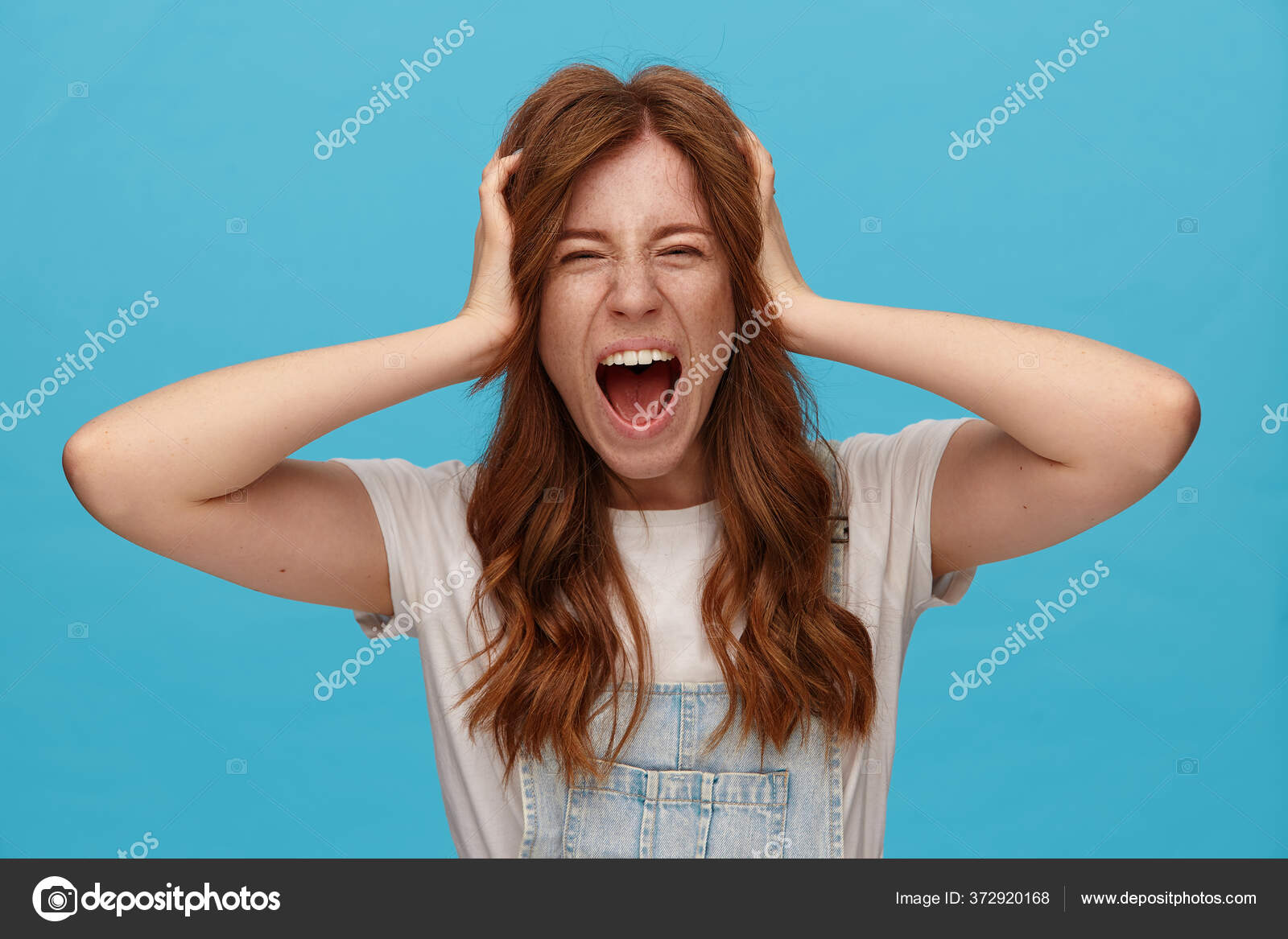 Stressed Young Pretty Redhead Woman Natural Makeup Holding Her Head ...