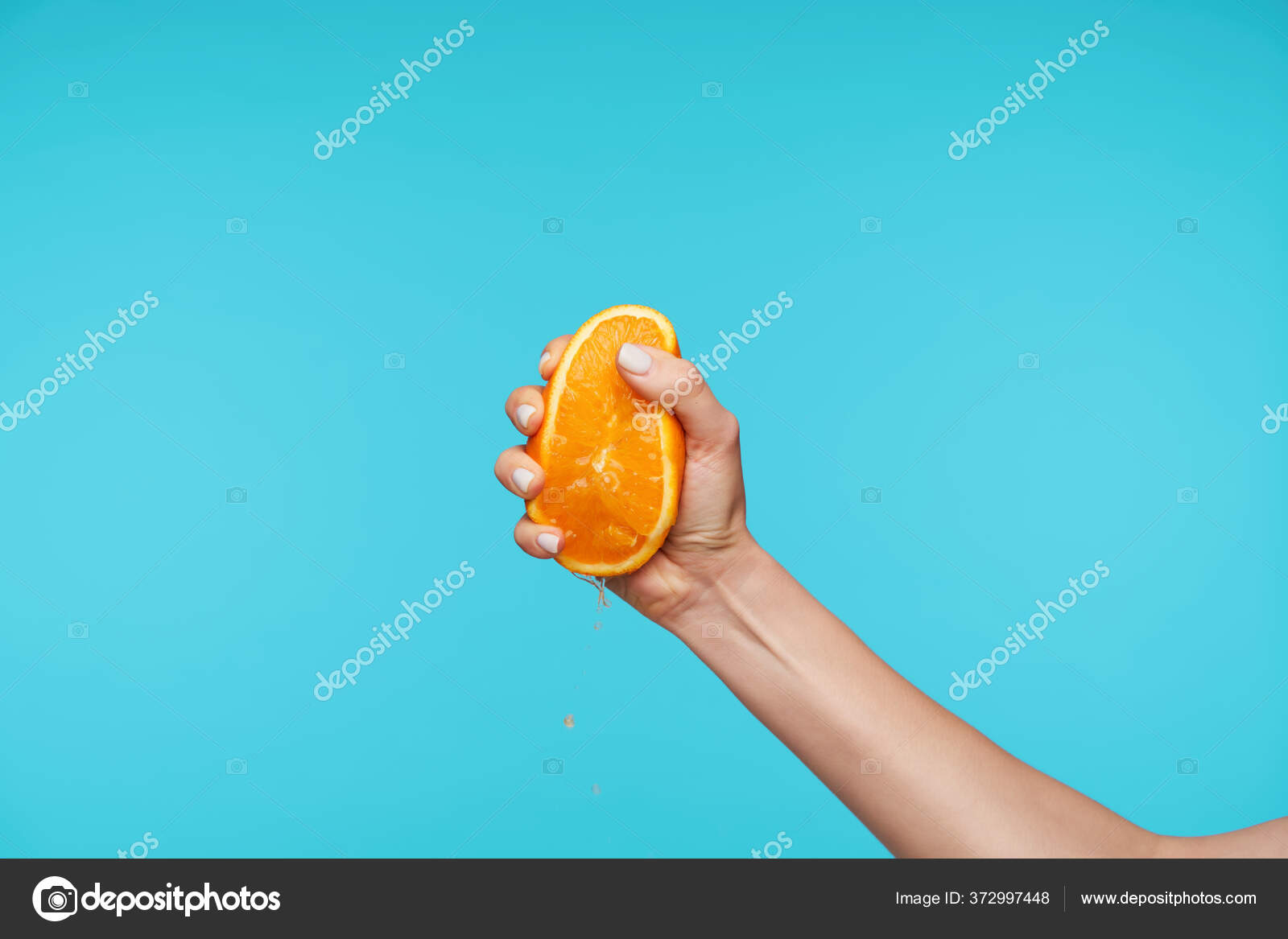 Colorful Shot Raised Female's Hand Half Fresh Orange Smashing Fingers ...