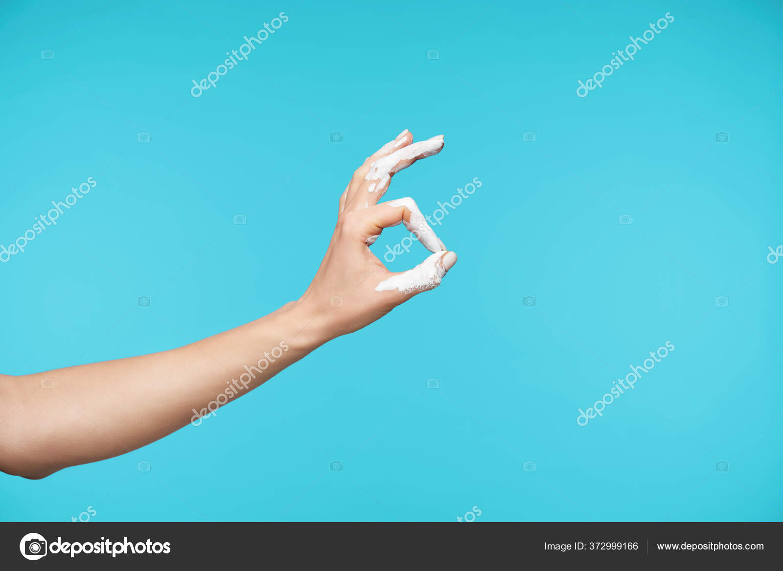 Side View Young Woman's Raised Hand White Paint Forming Fingers — Stock ...