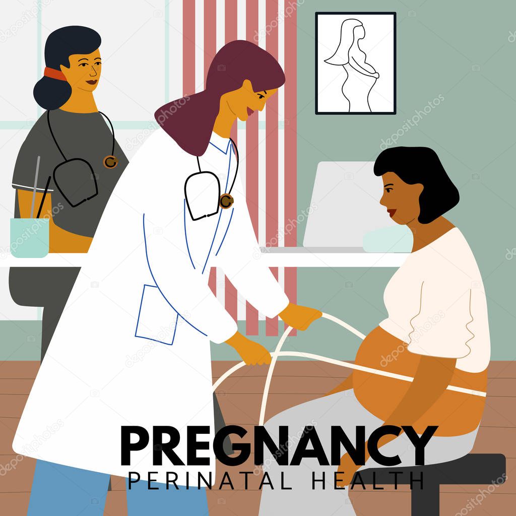 Afiche de salud perinatal del embarazo. Los médicos examinan a una ...