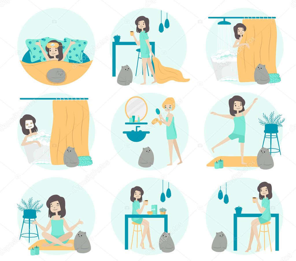 Rutina. Conjunto de vectores con personaje de chica y gato. Dormir ...