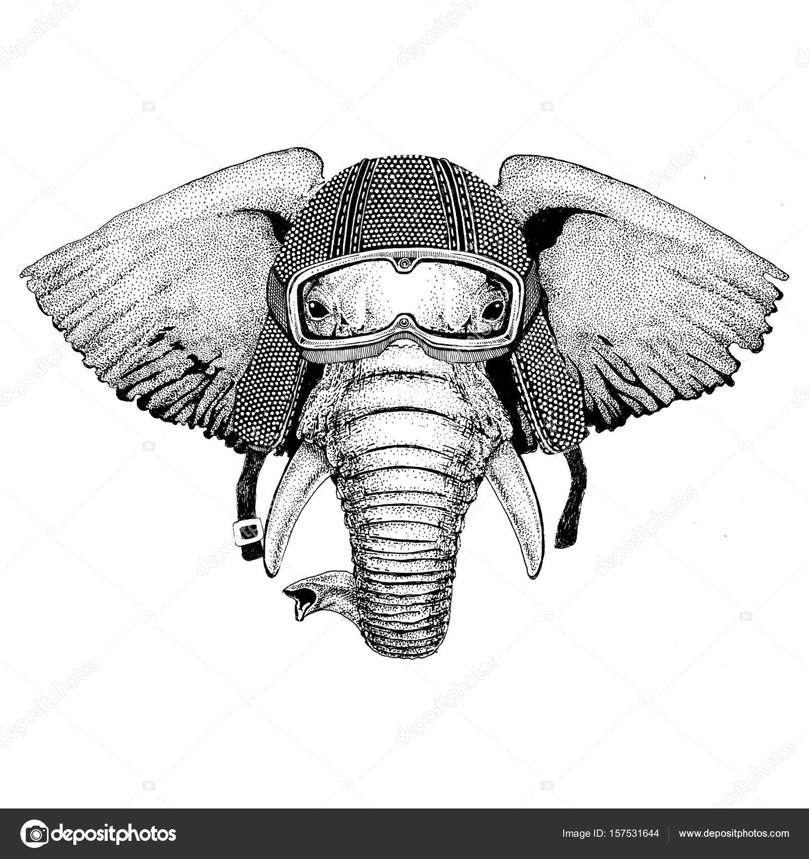 African or indian Elephant wearing vintage motorcycle helmet Tattoo ...