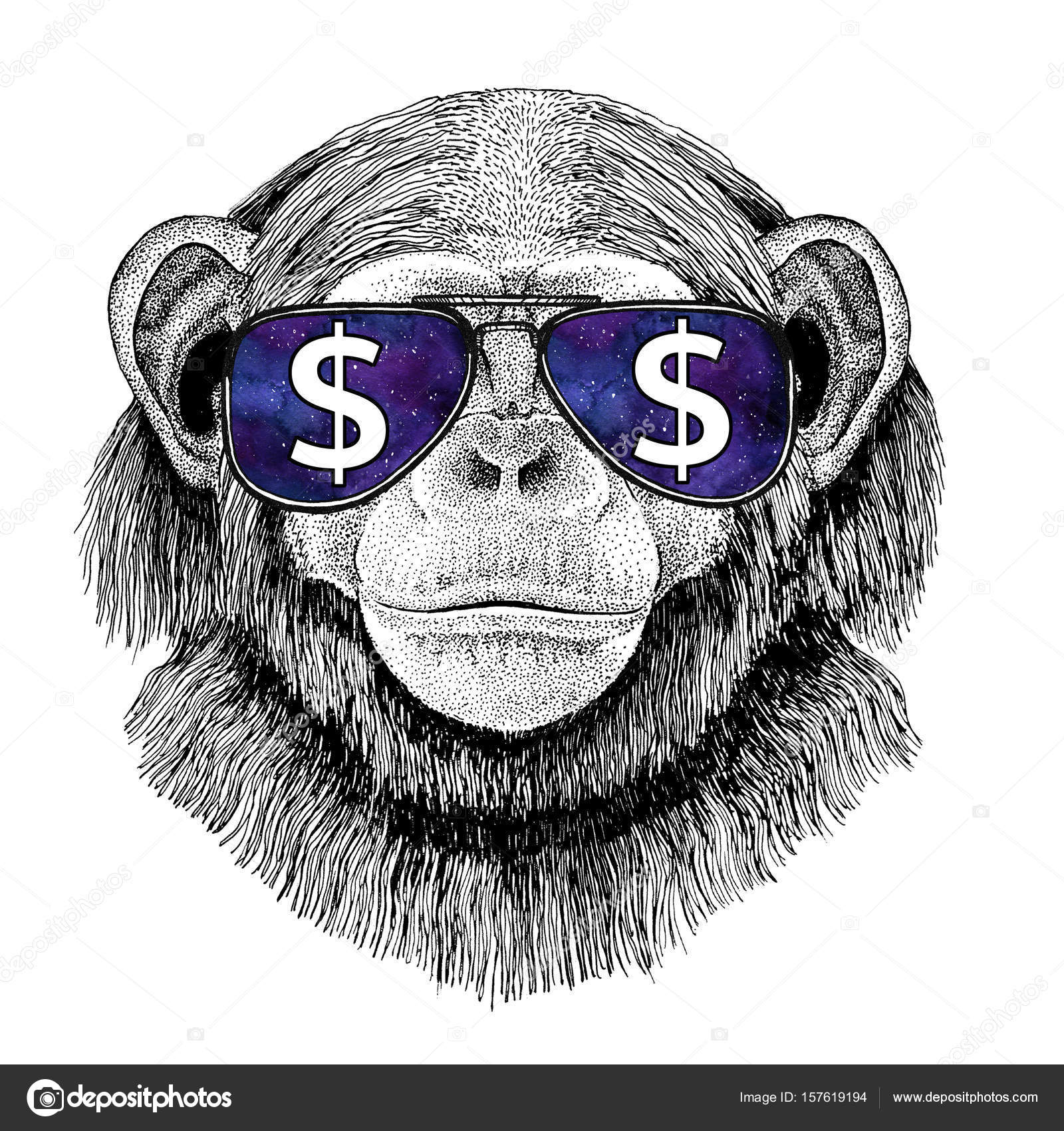 Chimpanzee Monkey wearing glasses with dollar sign Illustration with ...
