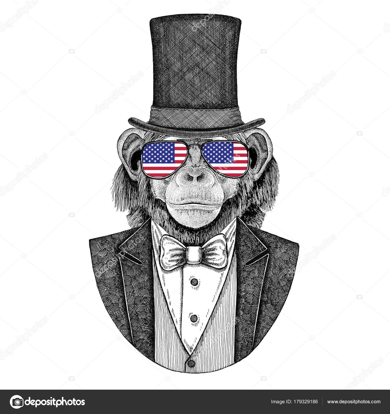 Chimpanzee, Monkey. Animal wearing jacket with bow-tie and silk hat ...