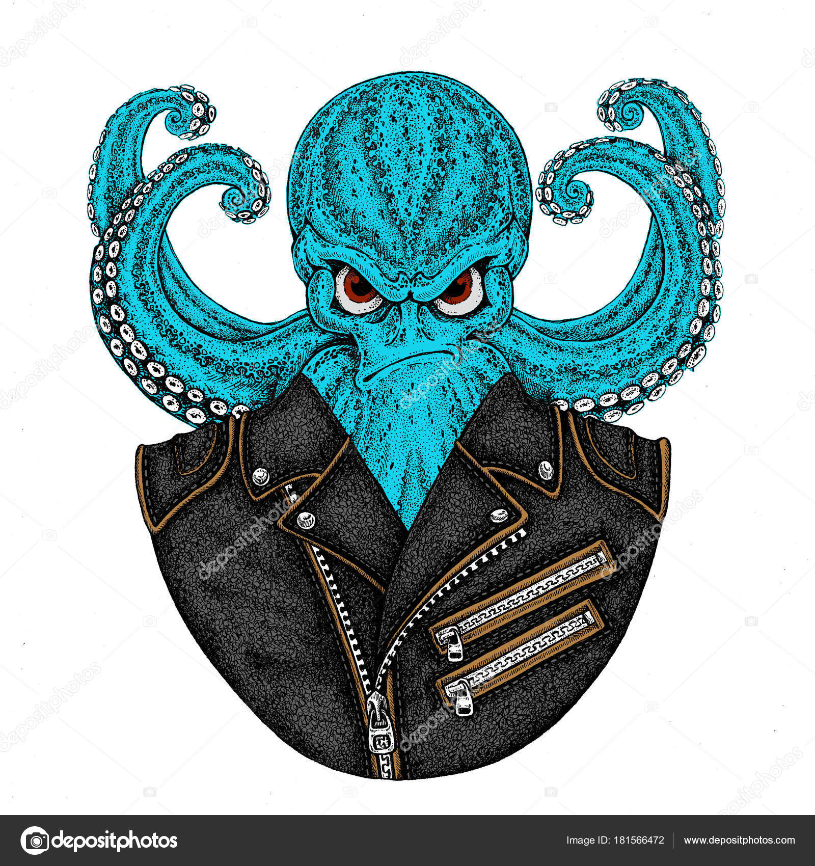 Octopus. Vintage cartoon character. Octopus wearing biker motorcycle ...
