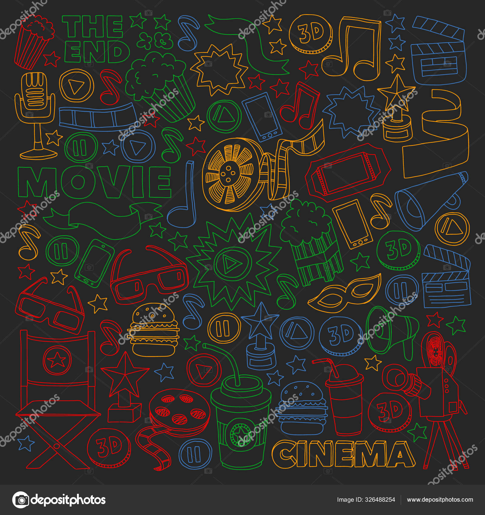 Mozi, mozi díszlet. Minta firka háttér vektor ikonok. Stock Vector by ...