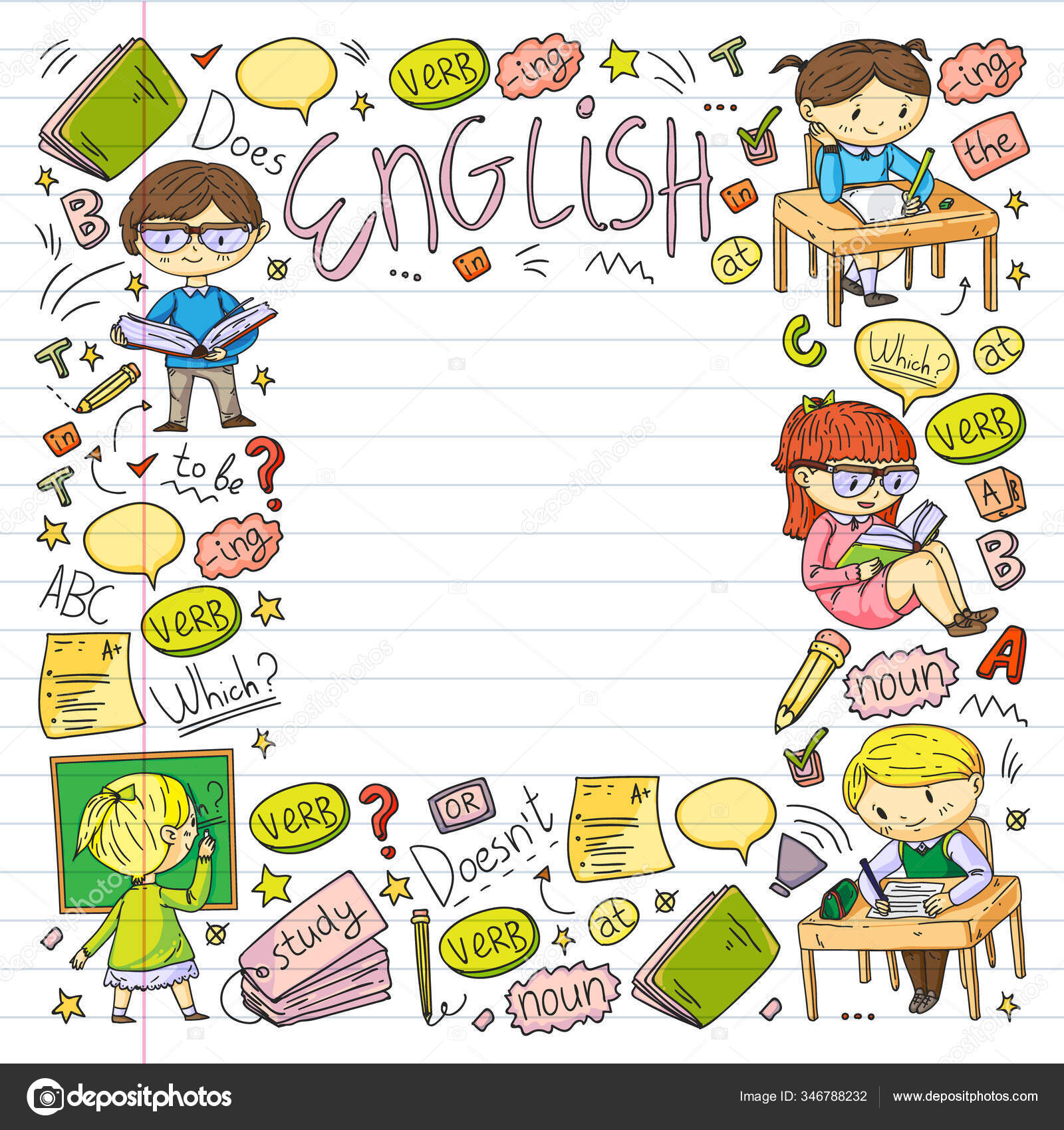 English school for children. Learn language. Education vector illustration. Kids drawing doodle ...