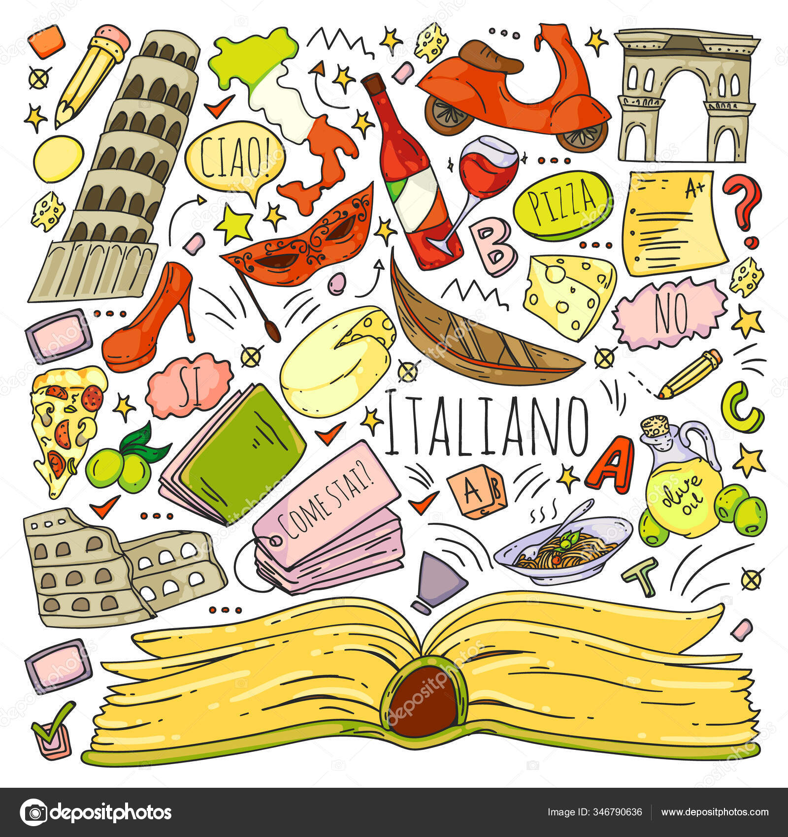 Italian language learning. Vector pattern with icons and national ...