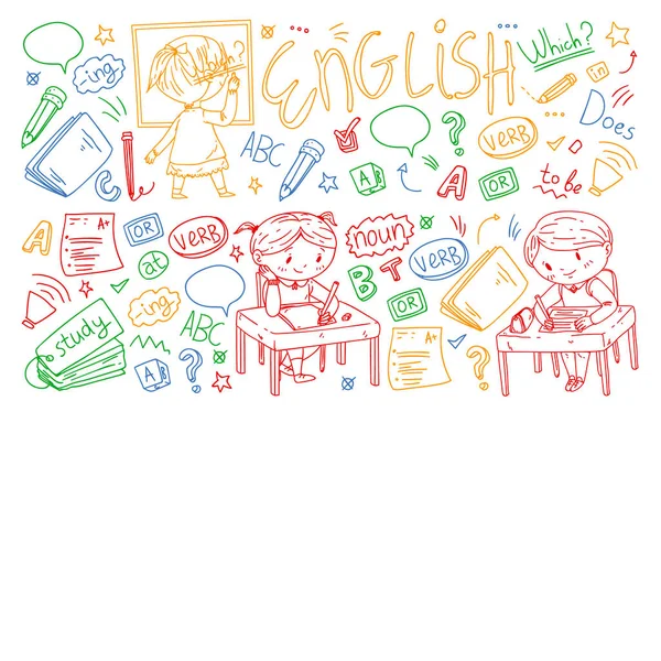 English school for children. Learn language. Education vector illustration. Kids drawing doodle ...