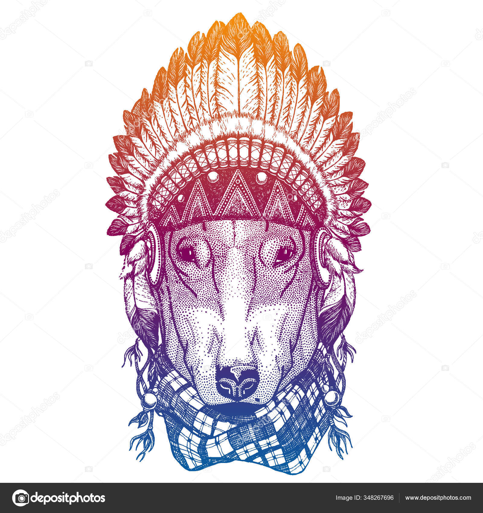 Perro. Bullterrier. ¡Animal! Retrato vectorial en tocado indio ...