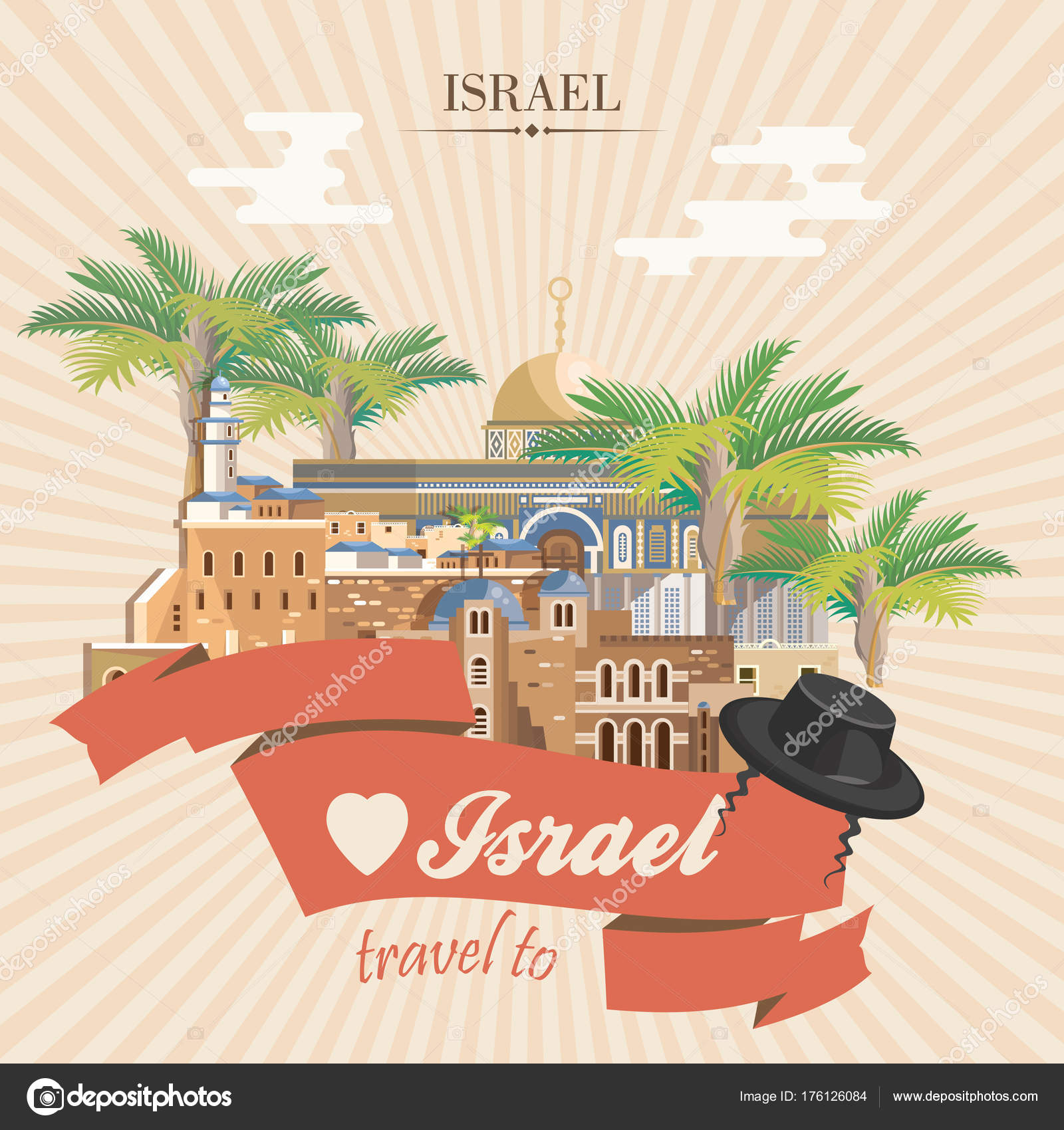Israel Vector Banner Jewish Landmarks Travel Poster Flat Design ⬇ ...