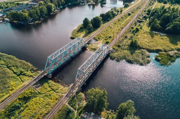 Steel railway bridges from above, transportation on train - Stock Image ...