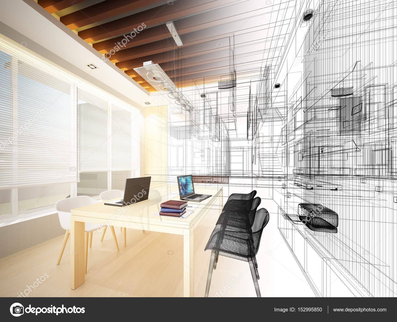 Sketch design of study room ,3dwire frame render — Stock Photo ...