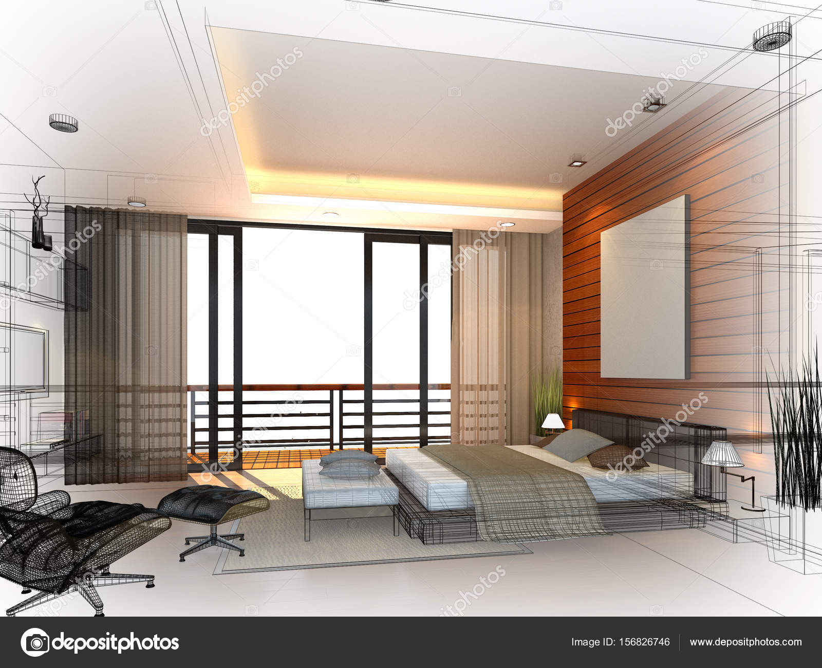 Abstract sketch design of interior bedroom,3d rendering — Stock Photo © yaryhee #156826746