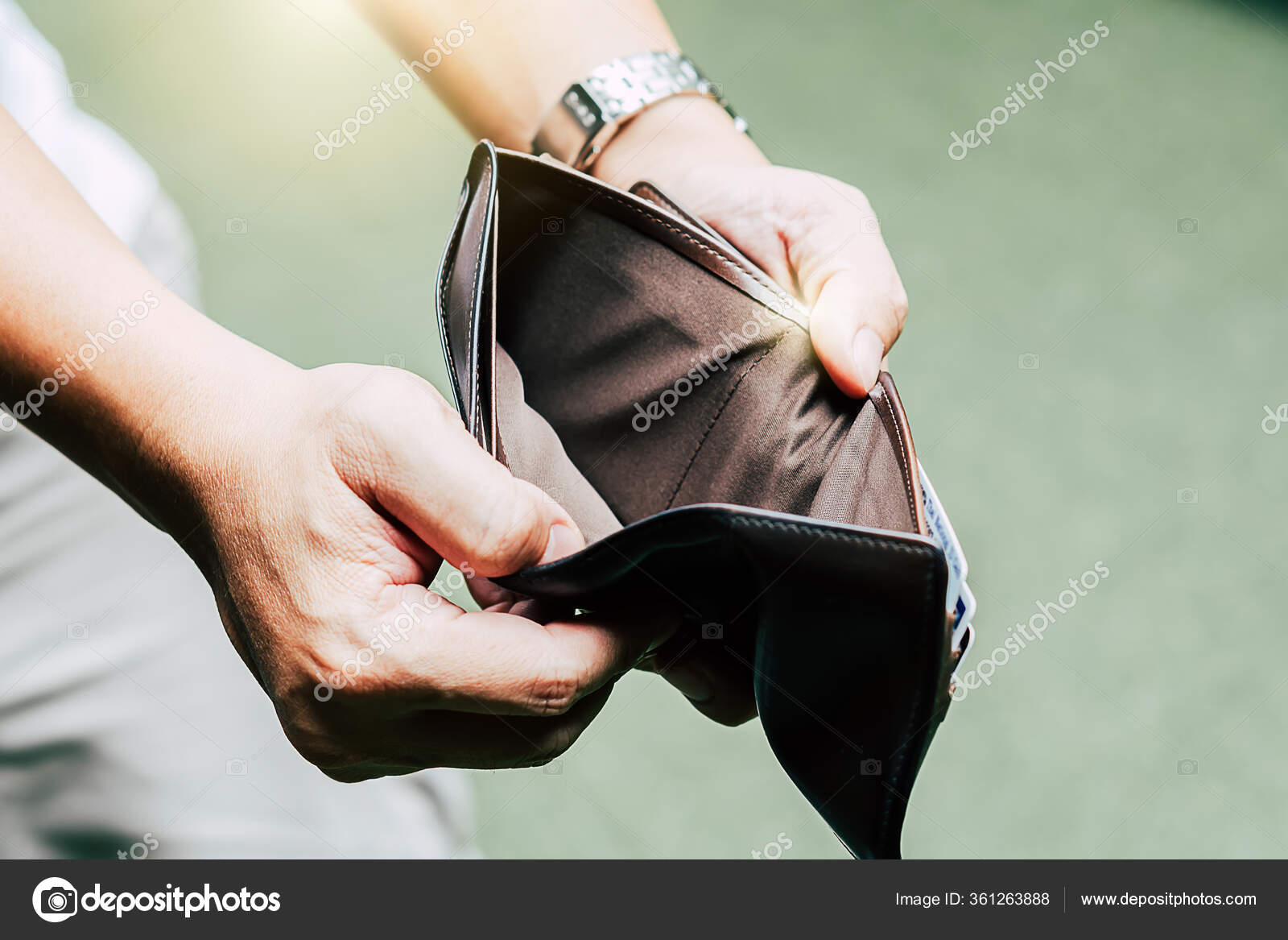 Poor Man Hand Hold Empty Wallet Money Due Economic Finance Stock Photo ...
