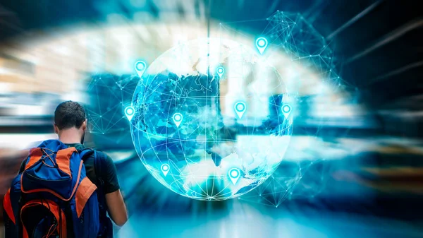 Abstract background of travel technology. Tourism industry digital ...