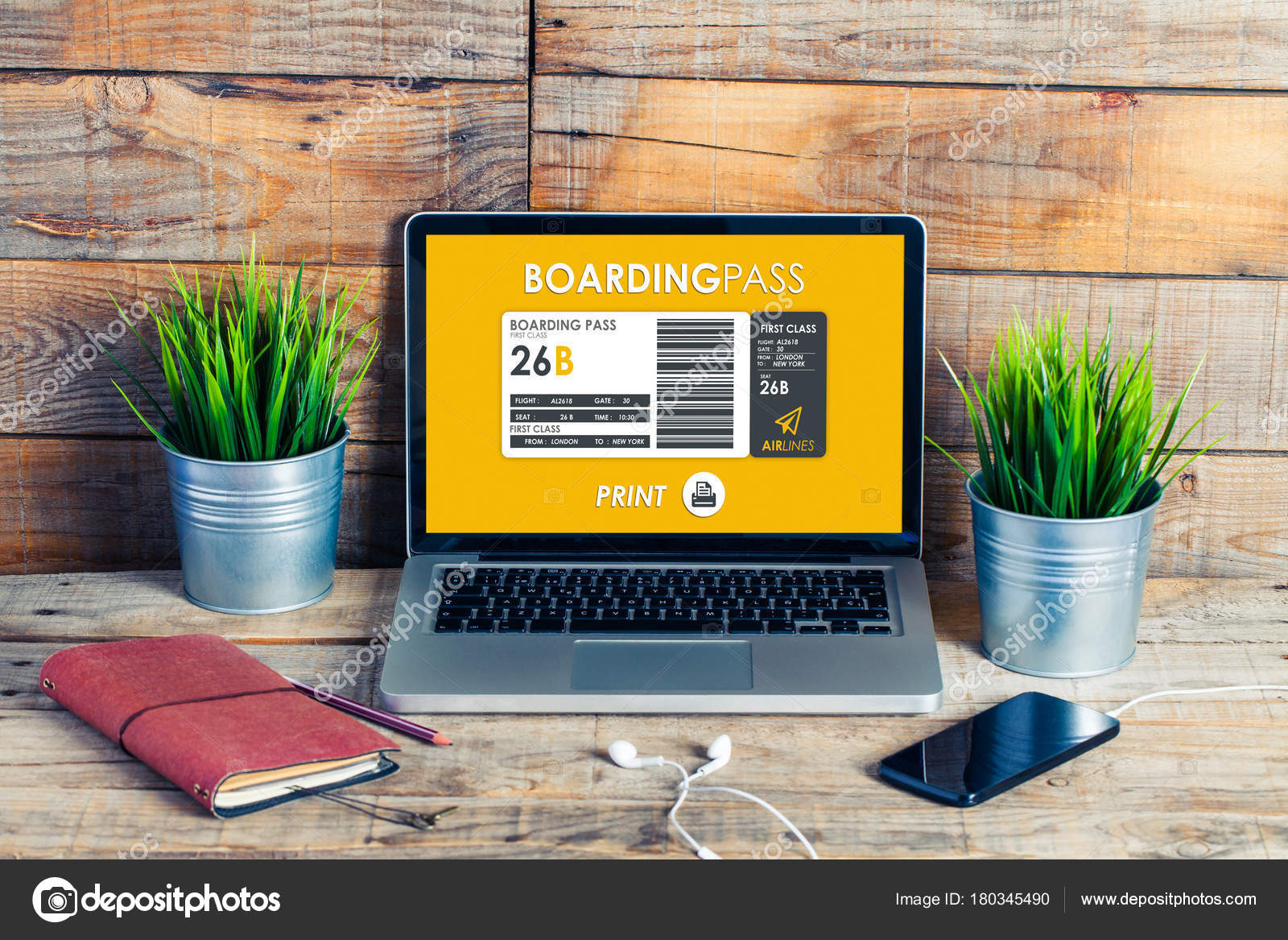 Flight boarding pass ready to print in a laptop screen at the office ...