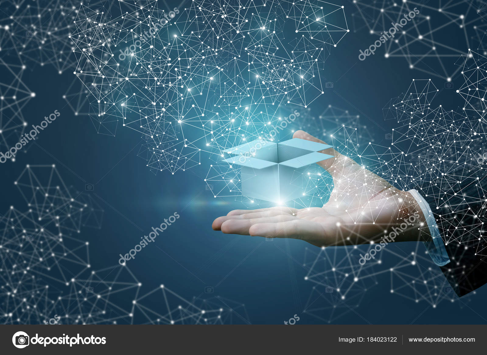 Box in hand is open on the network. — Stock Photo © NataliMis #184023122