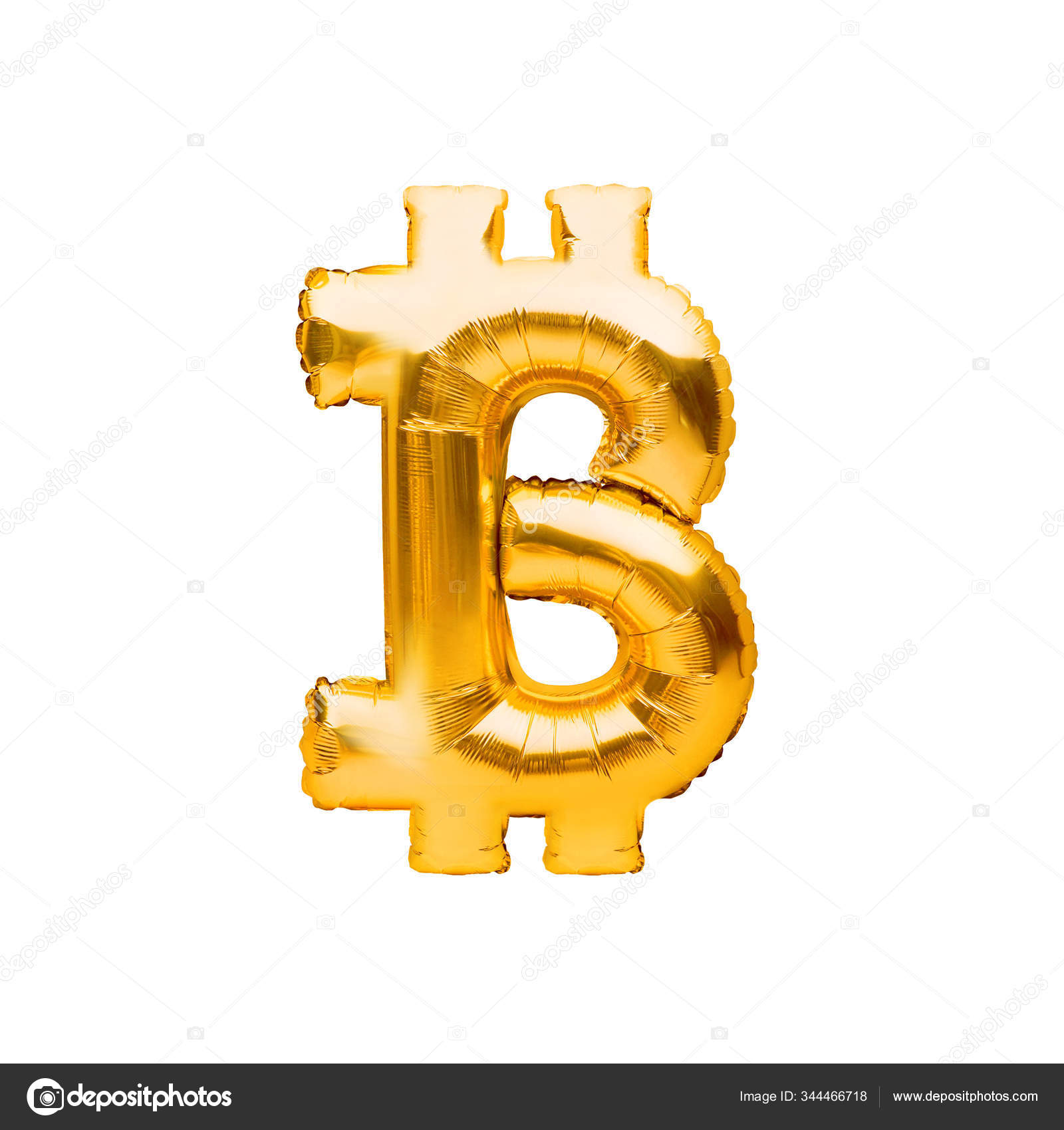 Golden bitcoin currency symbol made of inflatable balloon. Gold foil ...