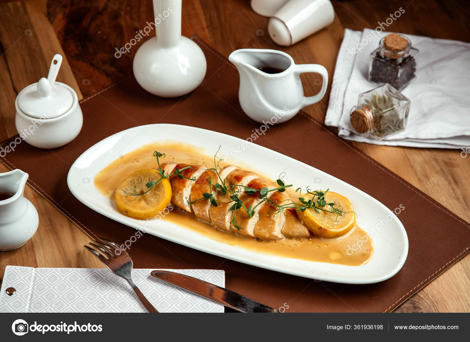 Side View Roasted Chicken Breast Creamy Sauce Lemon Plate — Stock Photo ...