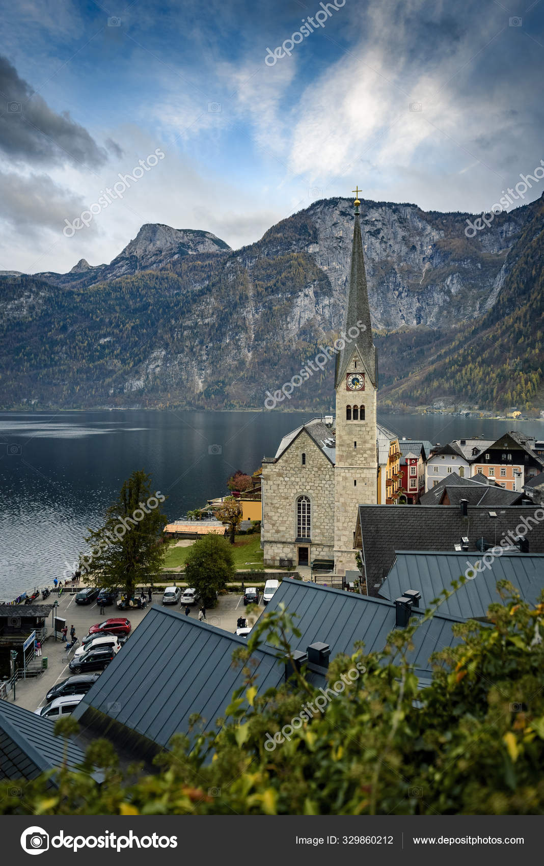 Hallstatt Town Center View Evangelical Church Old Townhouses Embankment ...