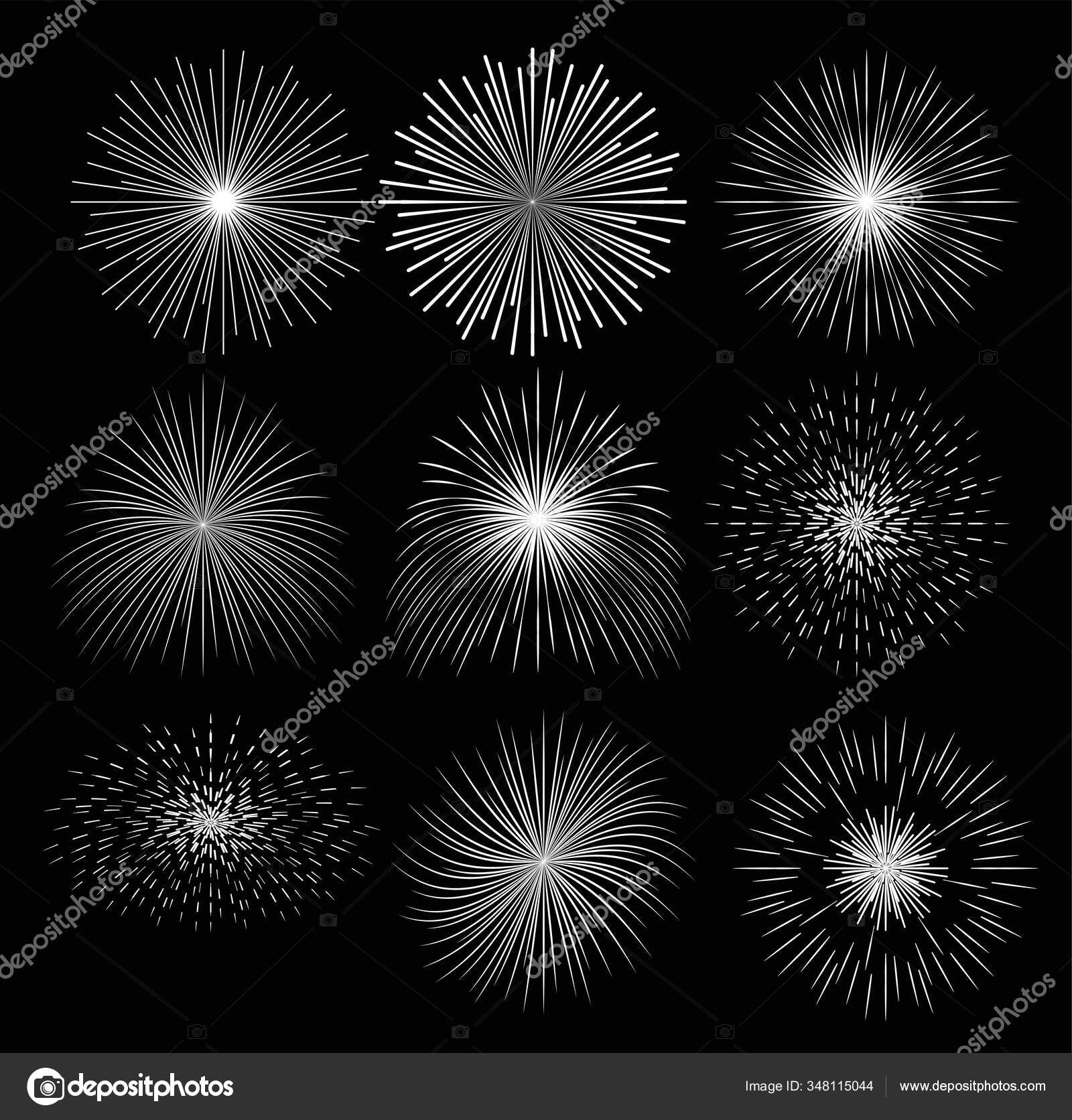 Black White Realistic Fireworks Vector Illustration Bundle Set Stock ...