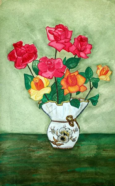 colored drawing representing a still life with a vase of red, orange ...